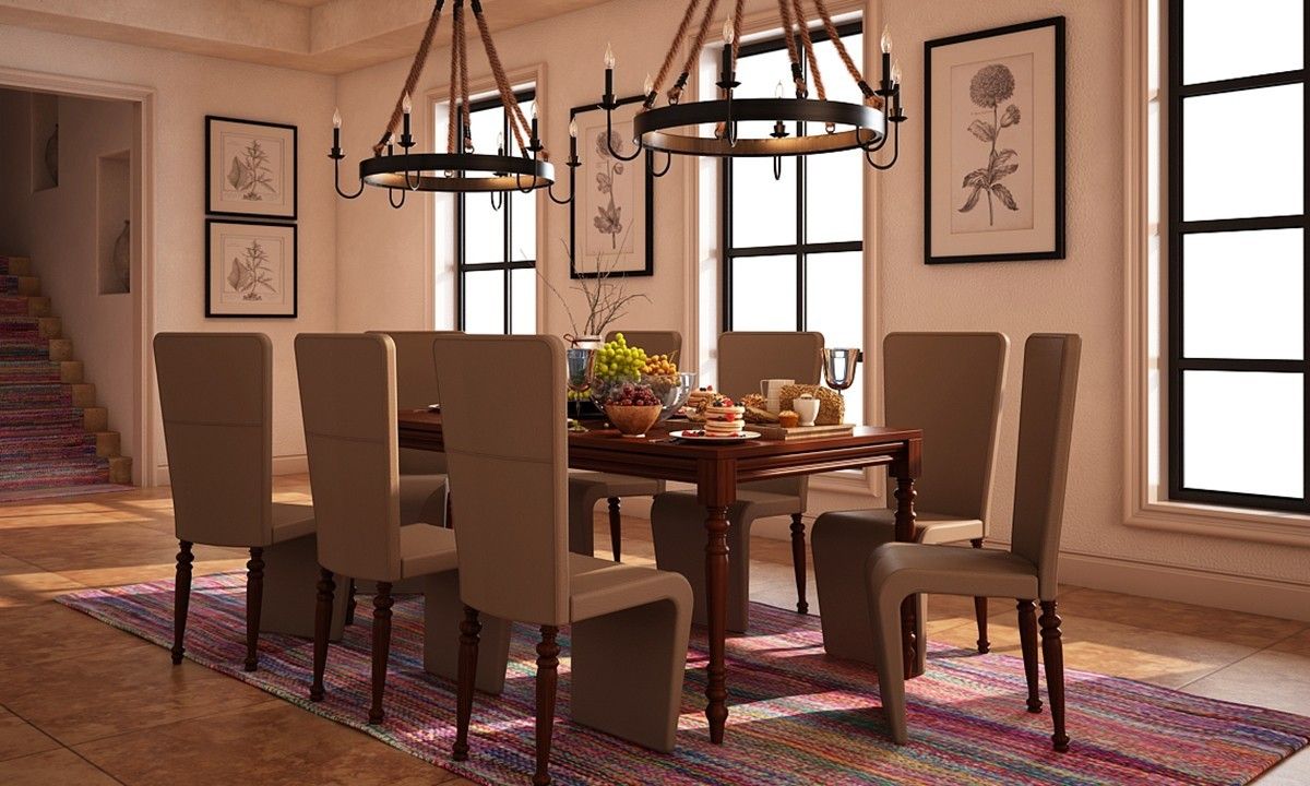 8-Seater Beige And Wood Dining Room Design With Faux Leather Chairs ...