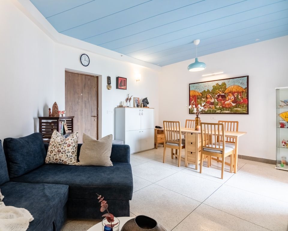 Blue-Toned False Ceiling With Pendant Lightings | Livspace