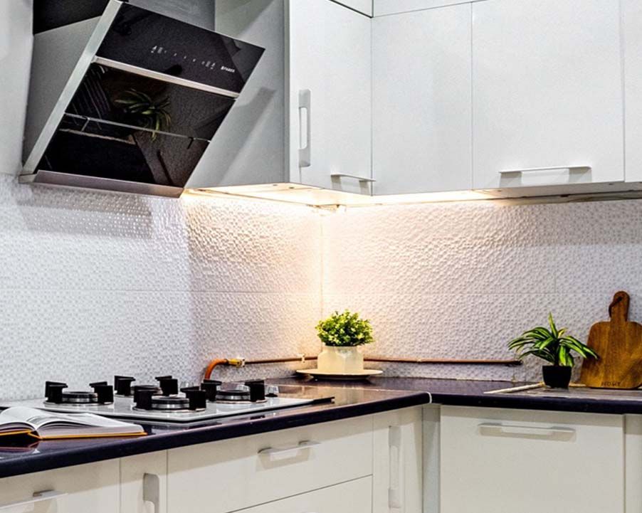 Vitrified White Kitchen Tile Design | Livspace