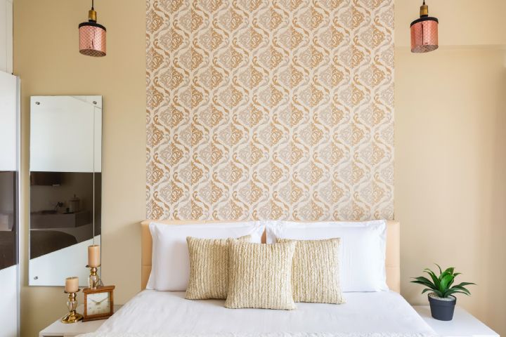 Beige Patterned Bedroom Wallpaper | Livspace
