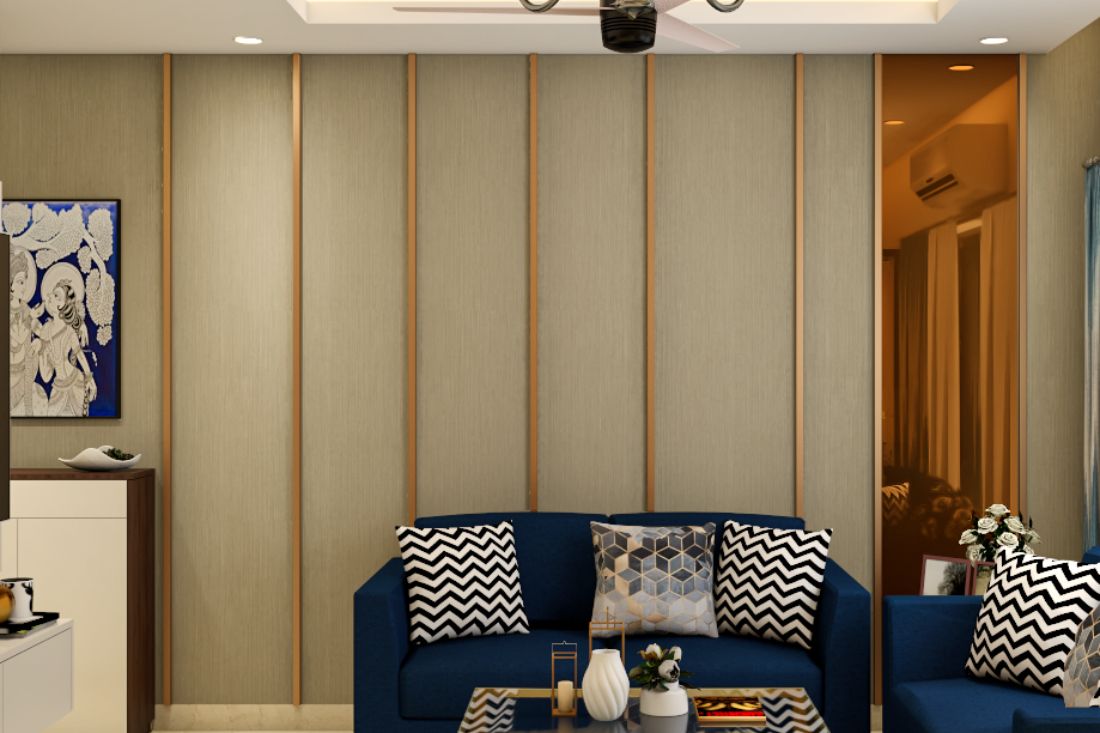 Textured Living Room Wallpaper Design With Golden Inlays | Livspace