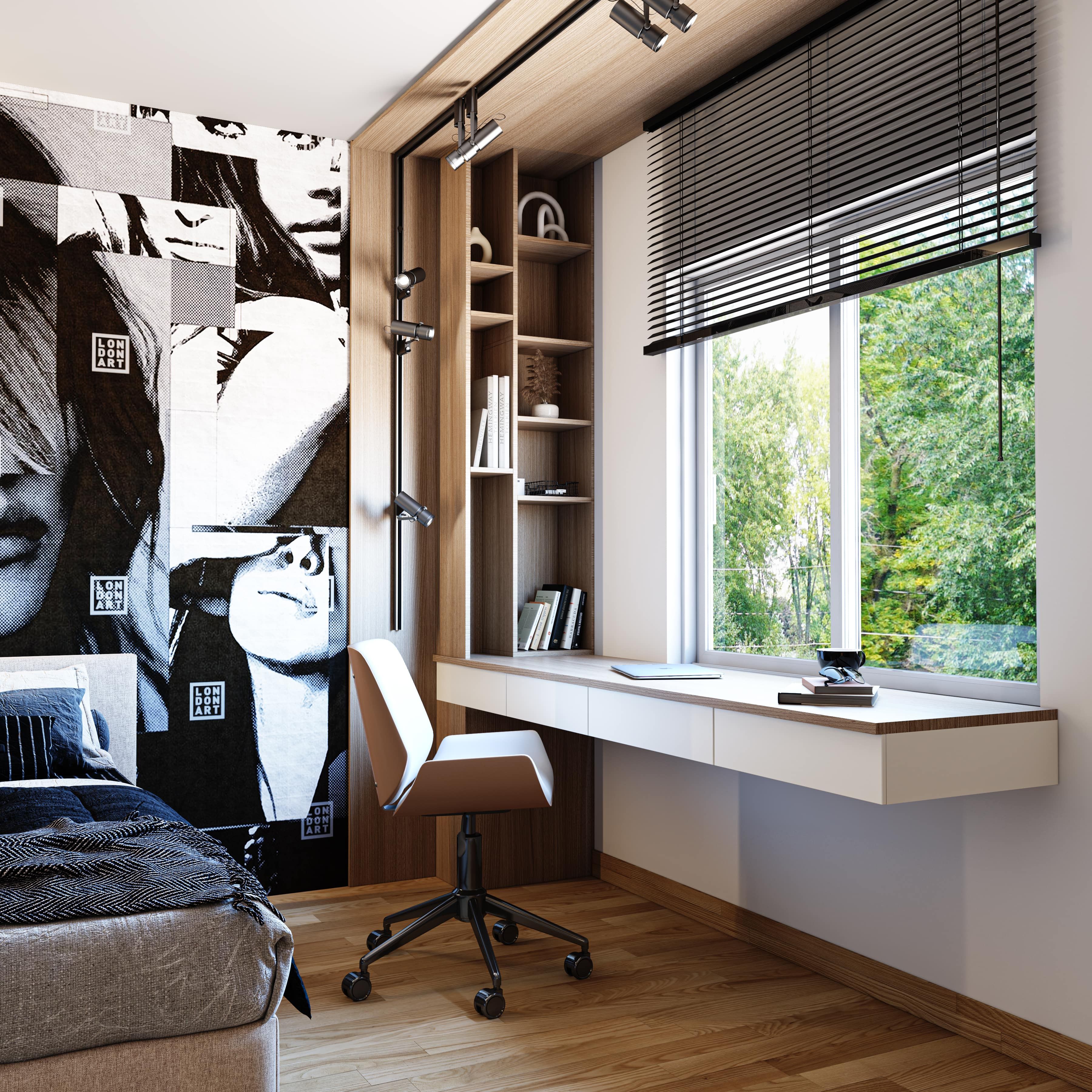 Wooden Home Office Design With Wall-Mounted Wooden Racks | Livspace