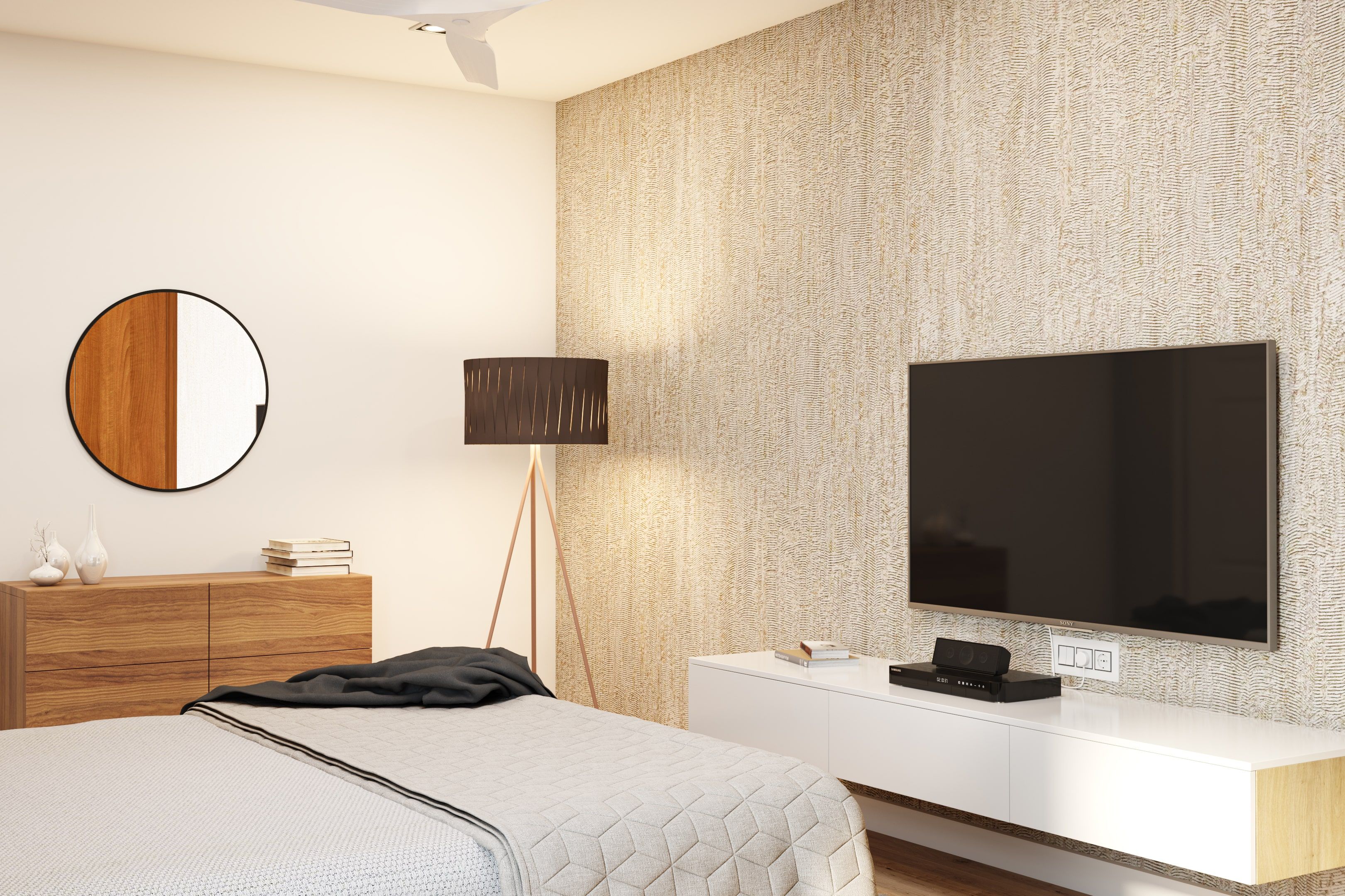 Compact TV Unit Design With Textured Wallpaper | Livspace