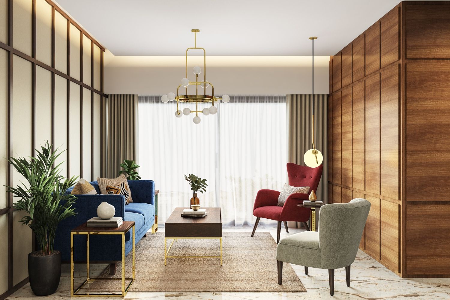 Spacious Hall Interior Design With A Chandelier | Livspace