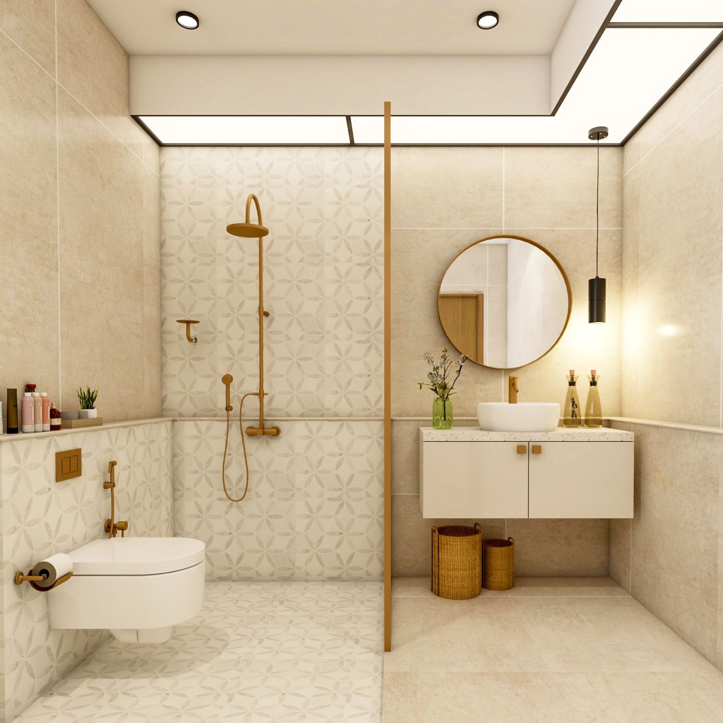 Spacious Bathroom Design With Circular Mirror And Brass Fittings | Livspace