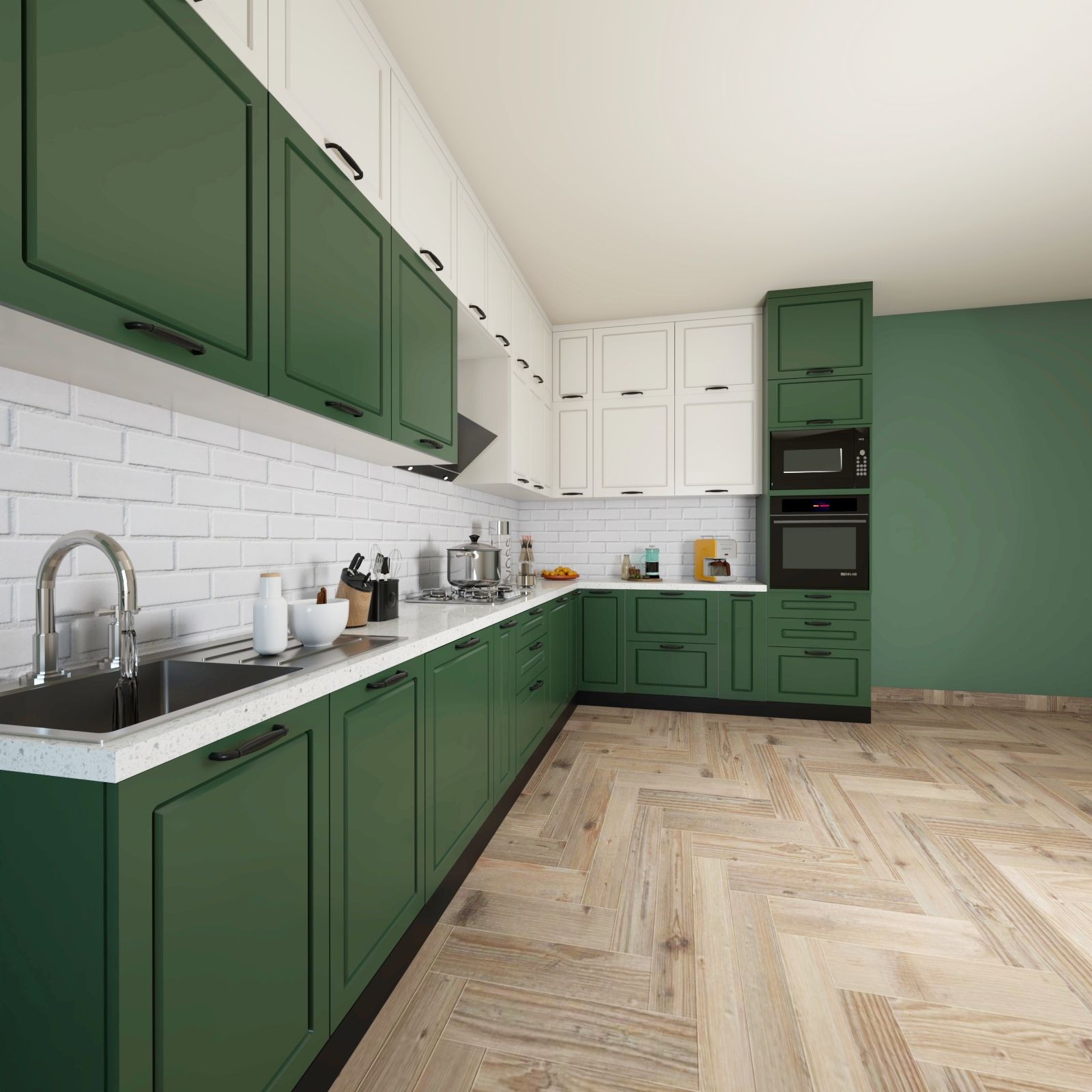 Spacious Green L-Shaped Kitchen Design | Livspace