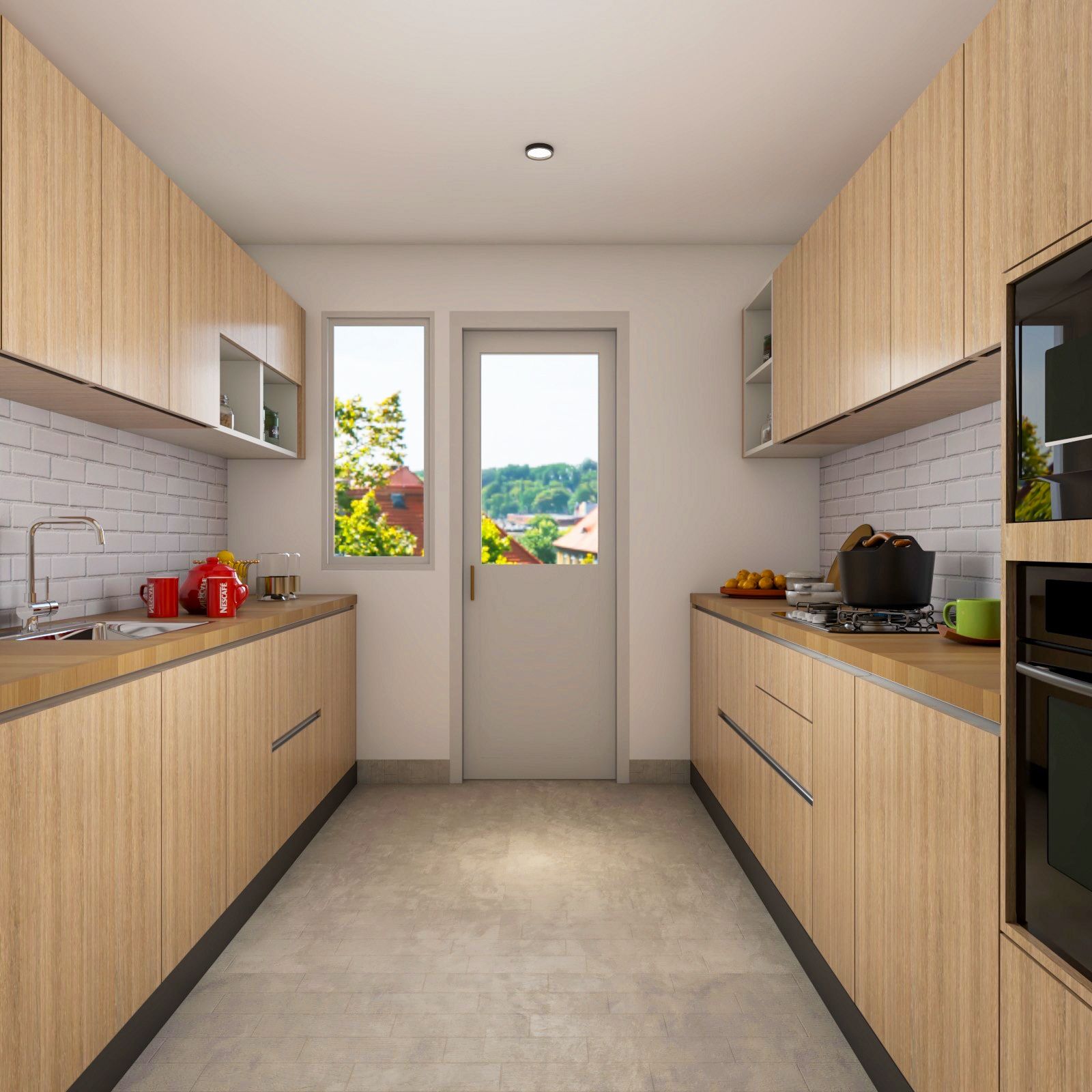 Wooden Parallel Kitchen Design With White Subway Dado Tiles | Livspace
