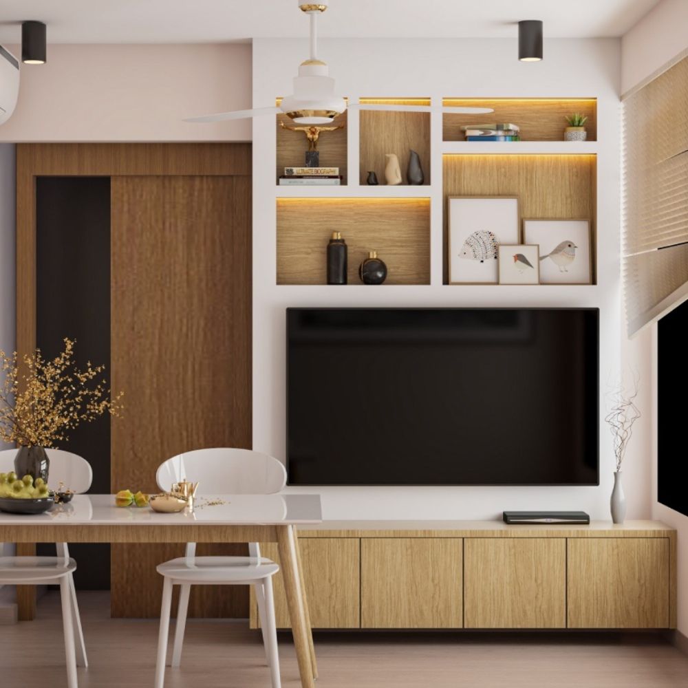 Spacious TV Cabinet With Wooden Open And Closed Storage | Livspace