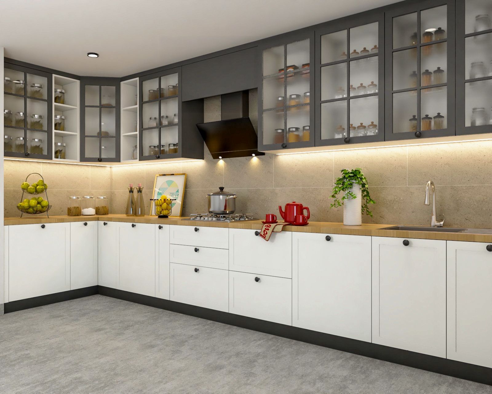 L-Shaped Grey And White Kitchen Design With Frosted Glass Shutters | Livspace