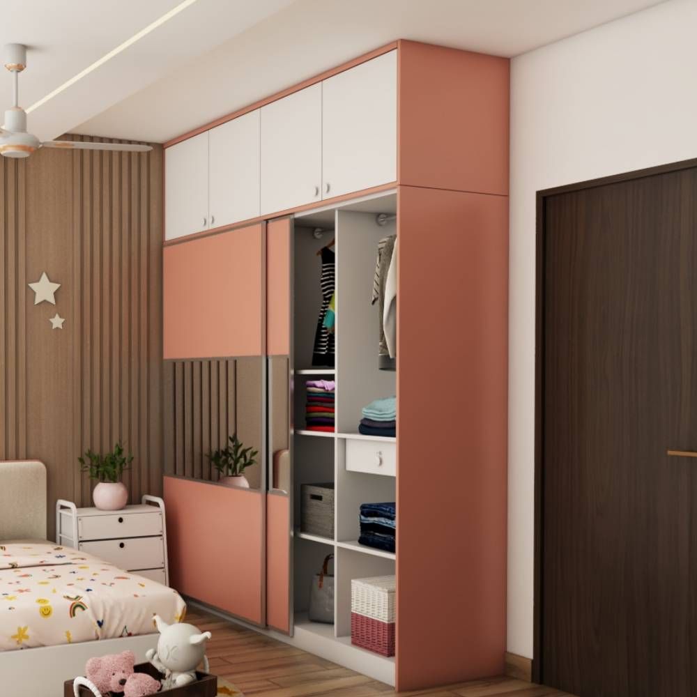 Modern Mirrored Sliding Wardrobe In Peach and White Laminate Finish - 1 ...