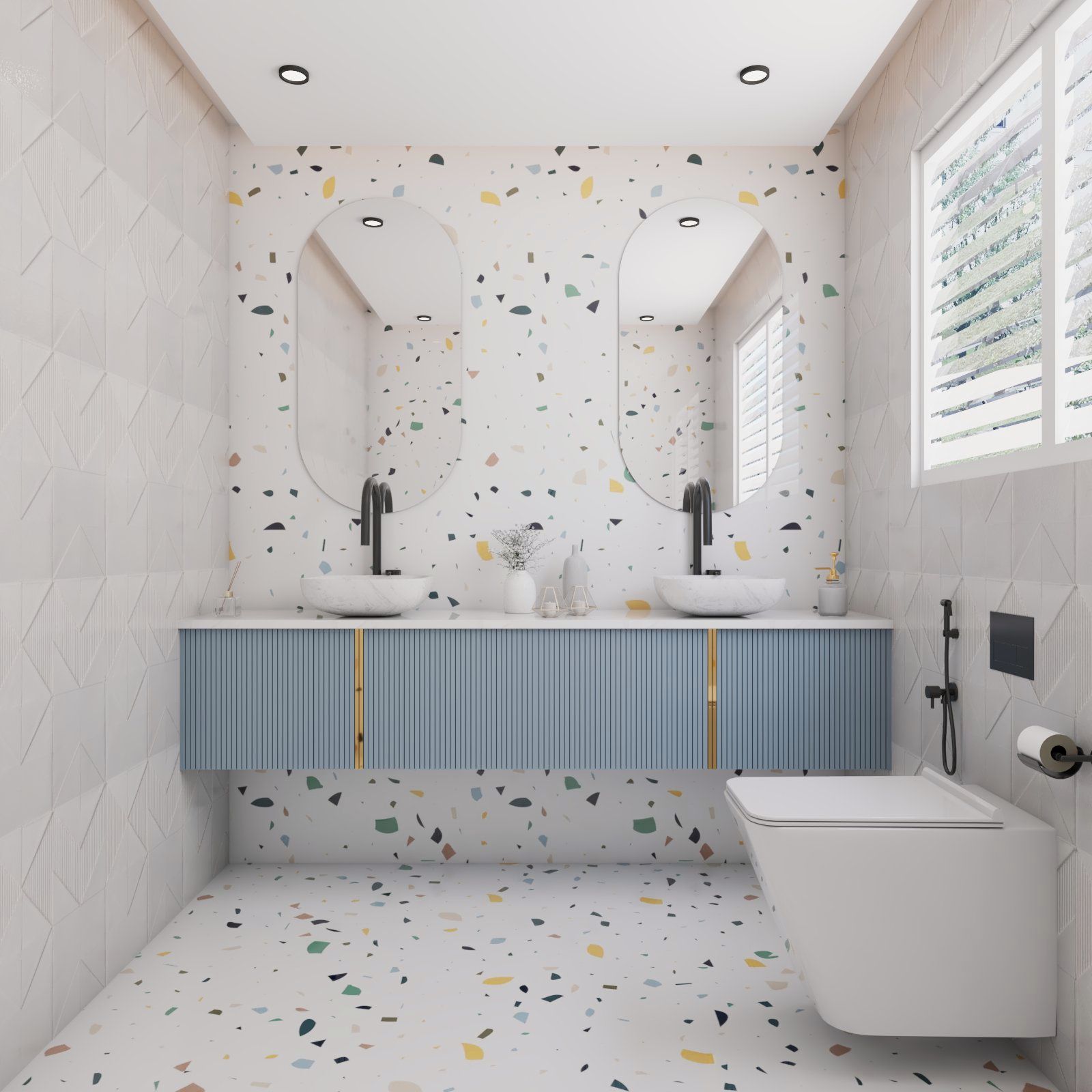 Spacious White Bathroom Design For Two With Modern Multi Coloured Tile Patterns | Livspace
