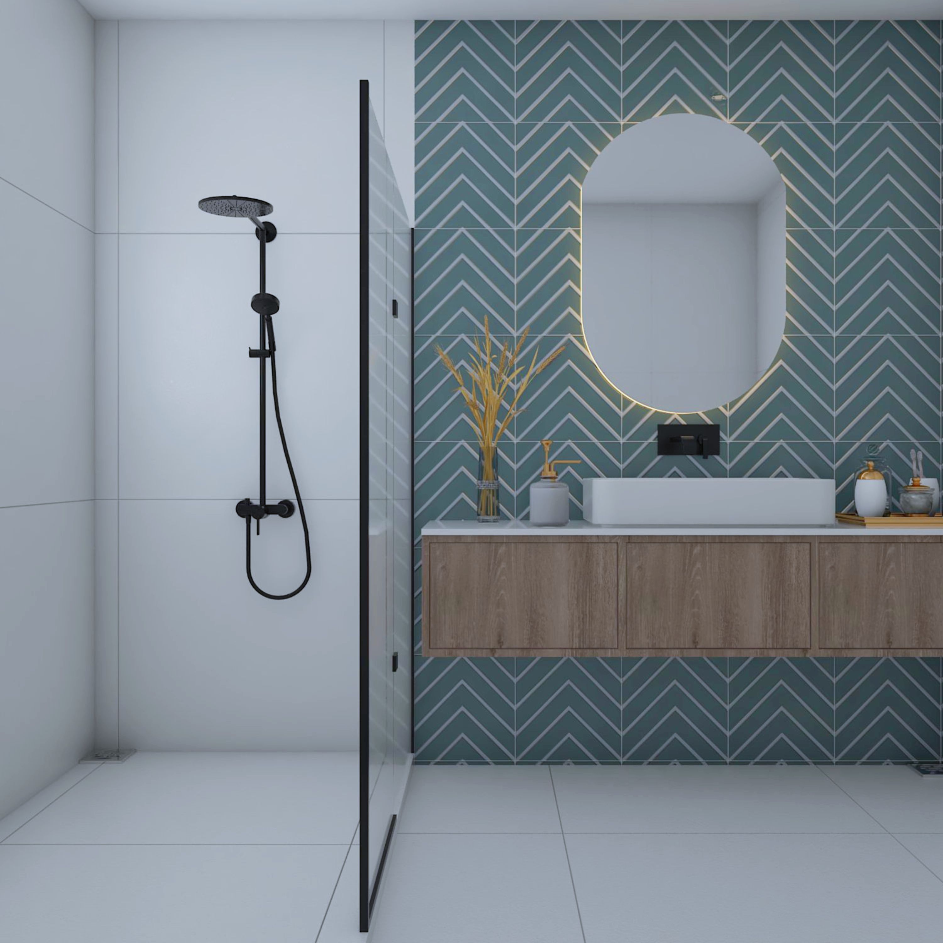 Sea-Green And Light Blue Small Bathroom Design With Chevron Tiles ...
