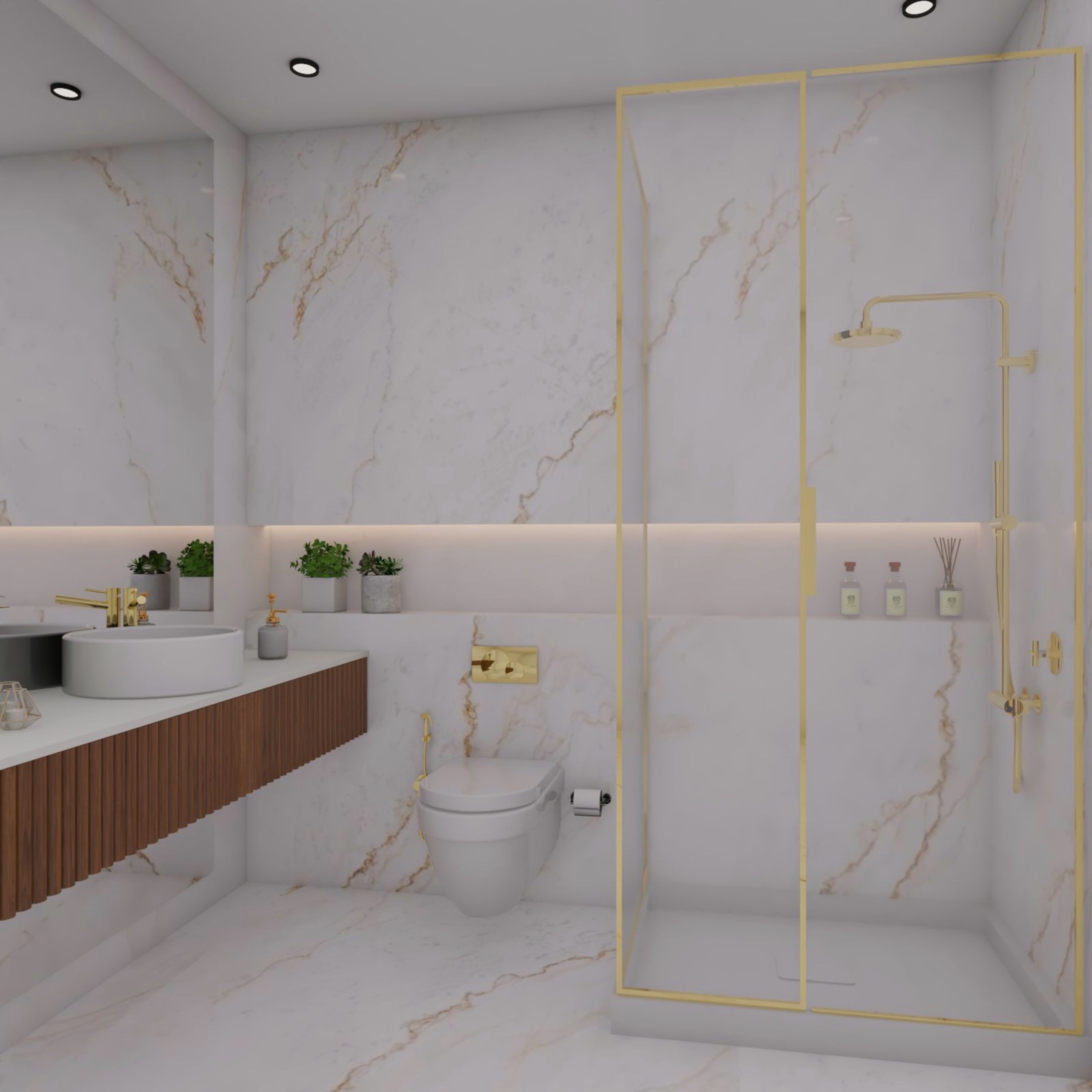 Luxurious Marble White Bathroom Design With Gold-Framed Glass Partition | Livspace