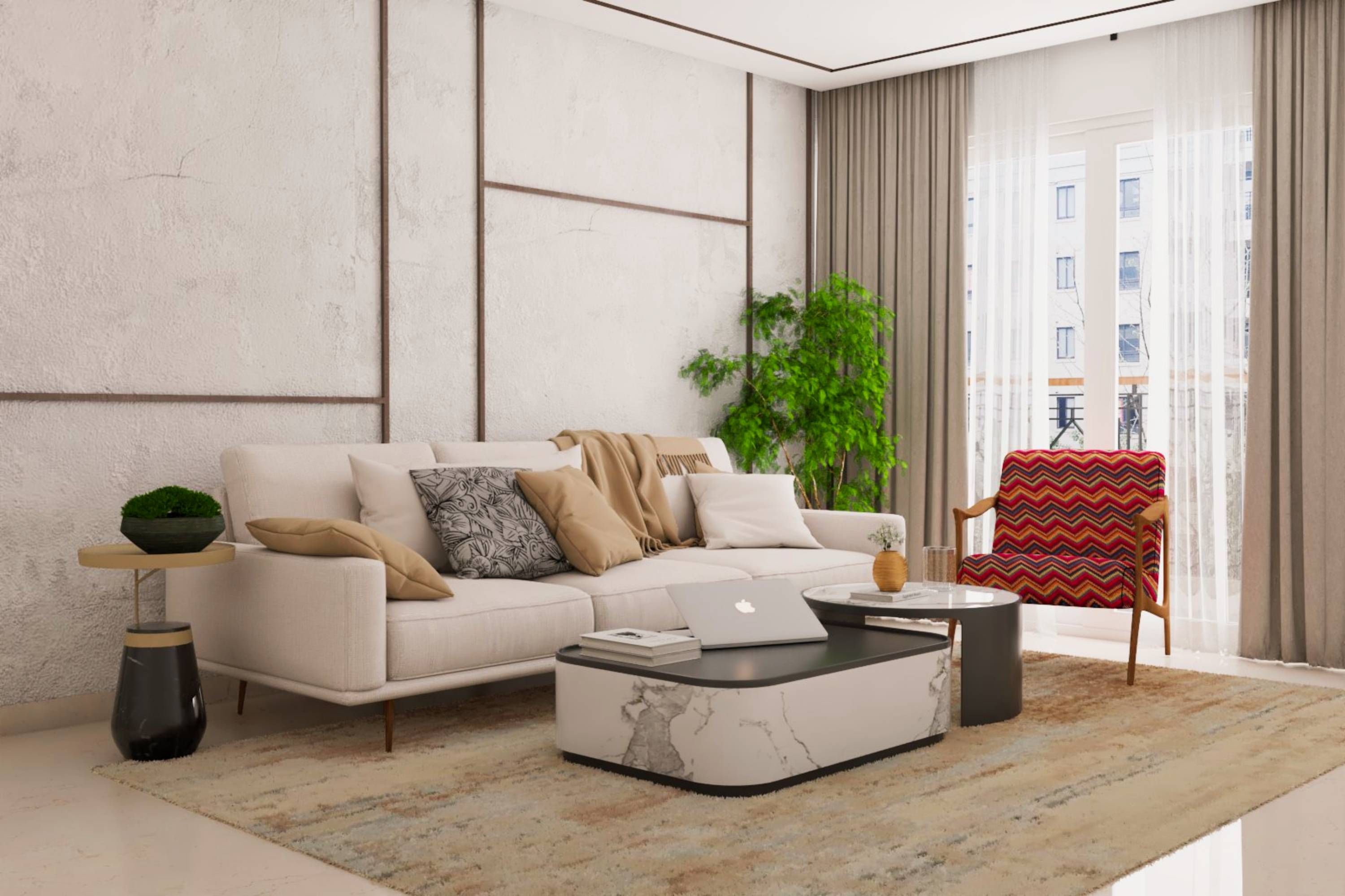 Off-White Living Room Design With Square And Circle Coffee Tables ...