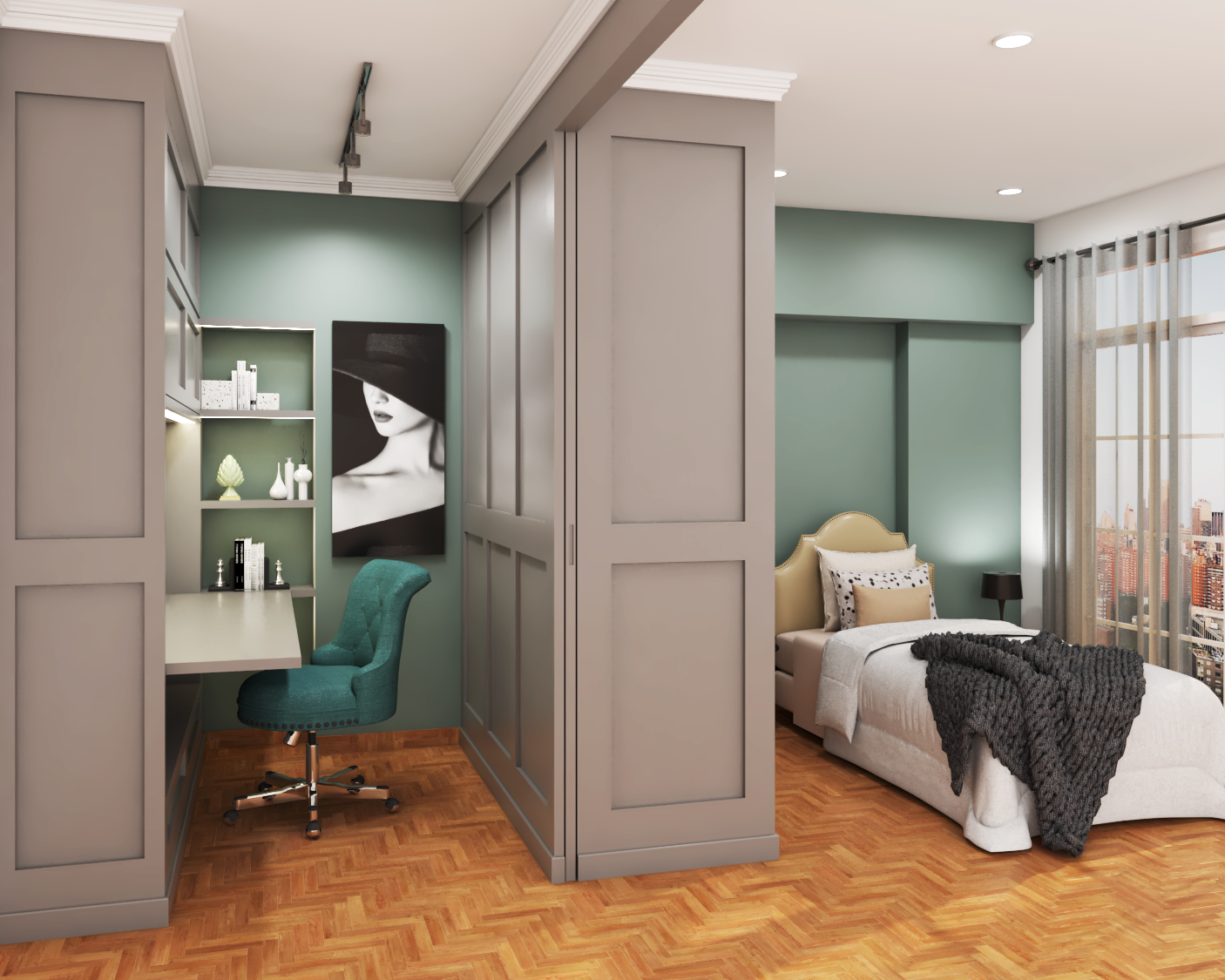 Contemporary Kids Bedroom with Partition for Separate Study | Livspace