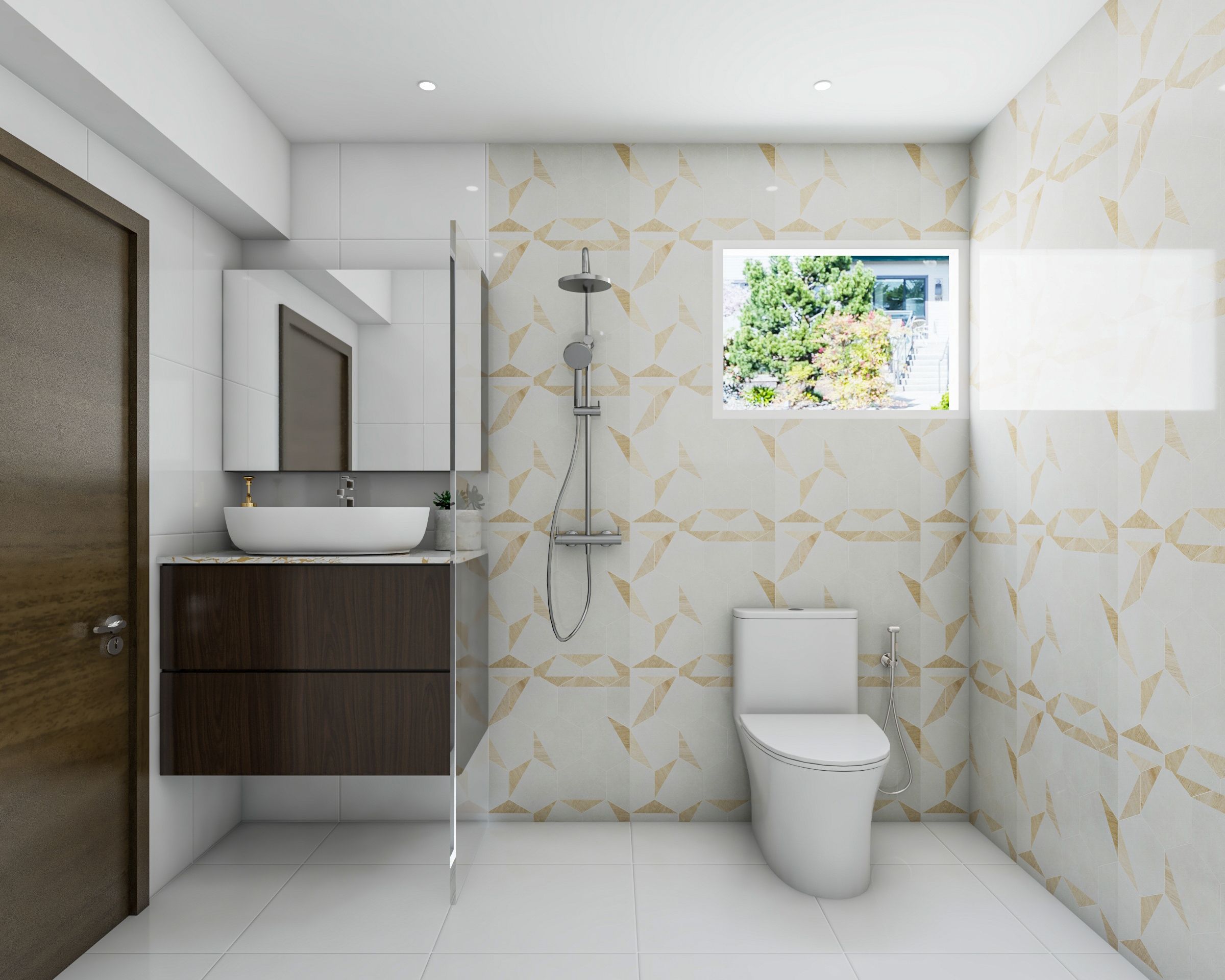 Minimal Compact Toilet Design with Patterned Tiles | Livspace