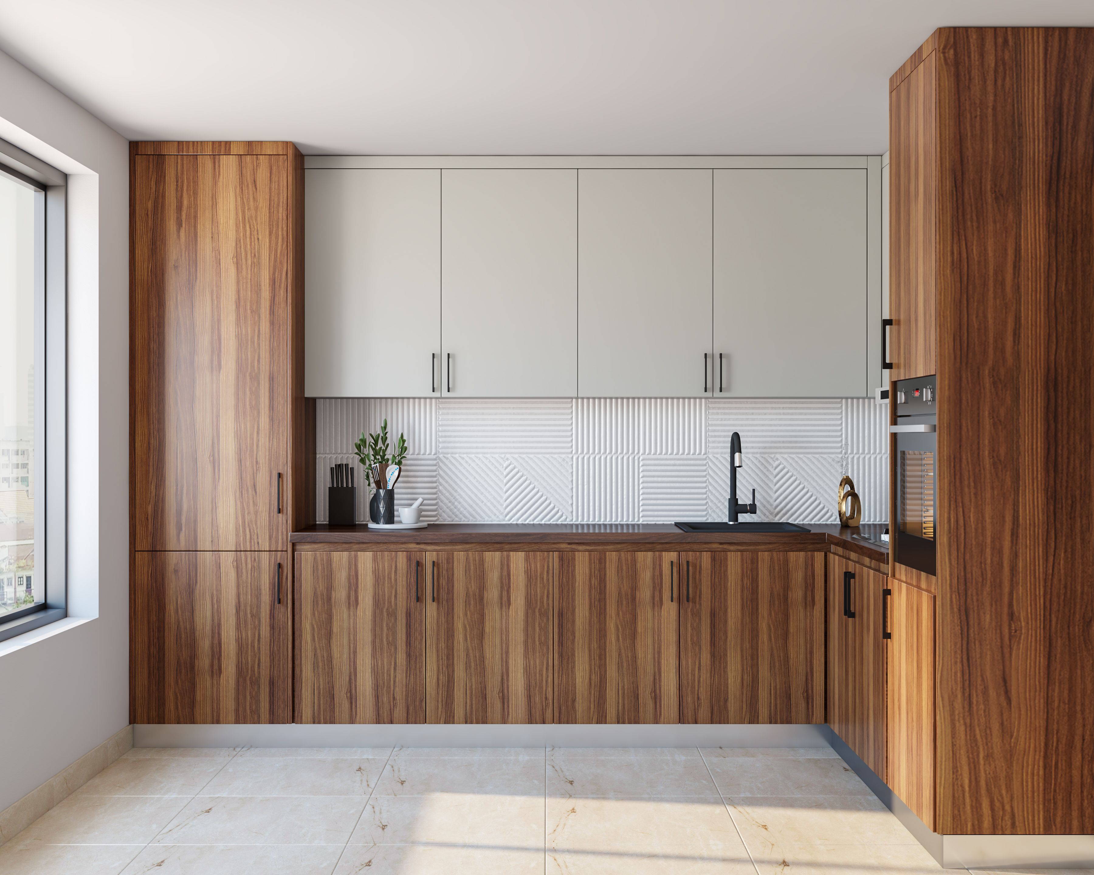 Modern Wood And White Kitchen Design With Large Size Cabinets Livspace Modern Wood And White Kitchen Design With Large Size Cabinets Livspace