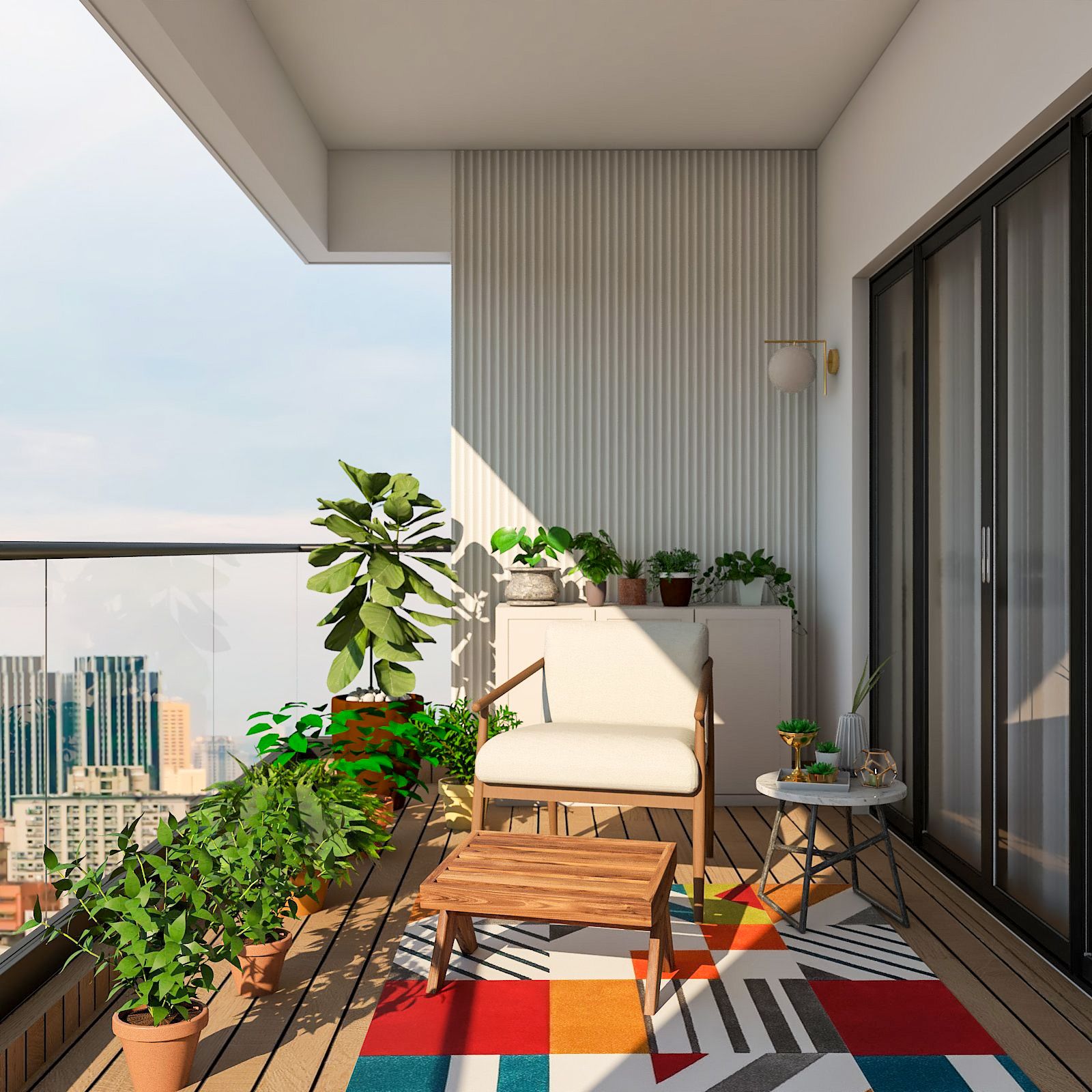Spacious Balcony Design With White Fluted Panelling And Multicoloured Rug | Livspace