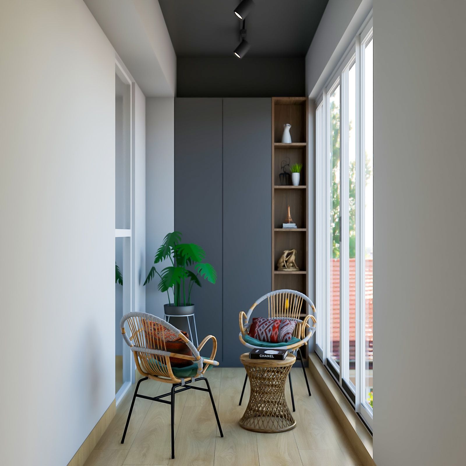 Closed Balcony Design With 2-Door Dark Grey And Wood Swing Wardrobe ...