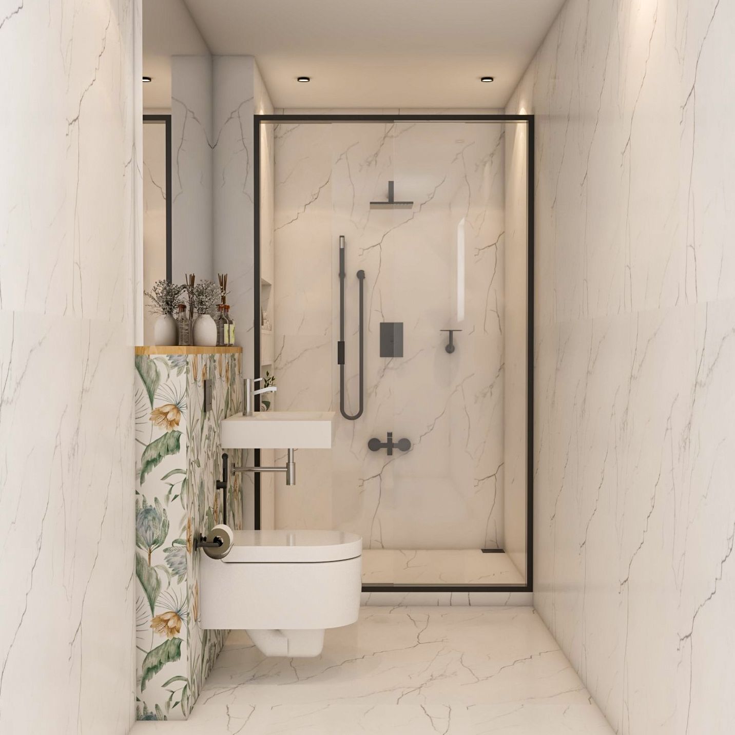 Compact White And Grey Bathroom Design With Floral WC Wall | Livspace