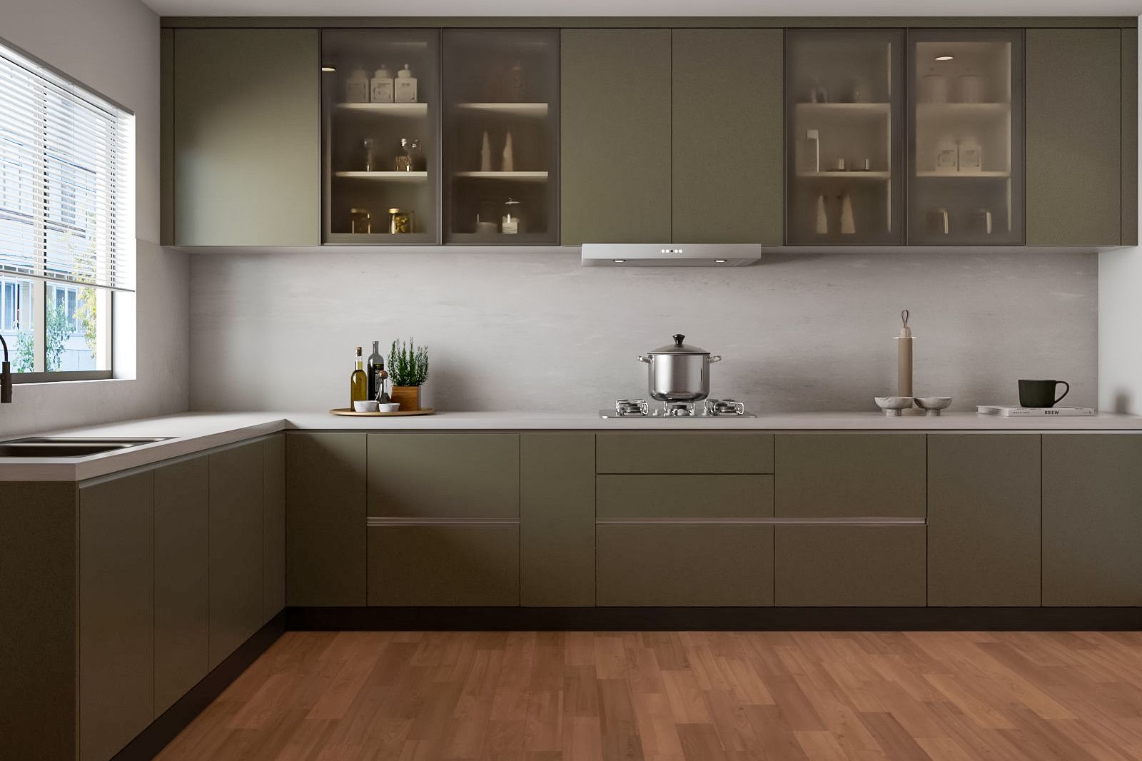 Dark Green Contemporary L-Shaped Kitchen Design: Glass Shutter Wall Unit | Livspace