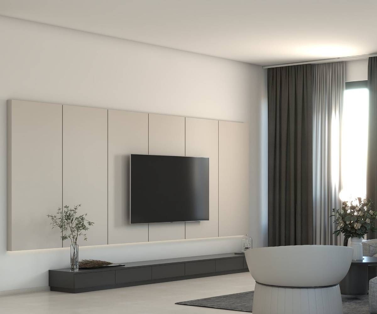 Floor-Mounted Grey And White TV Unit Design | Livspace Floor-Mounted Grey And White TV Unit Design | Livspace