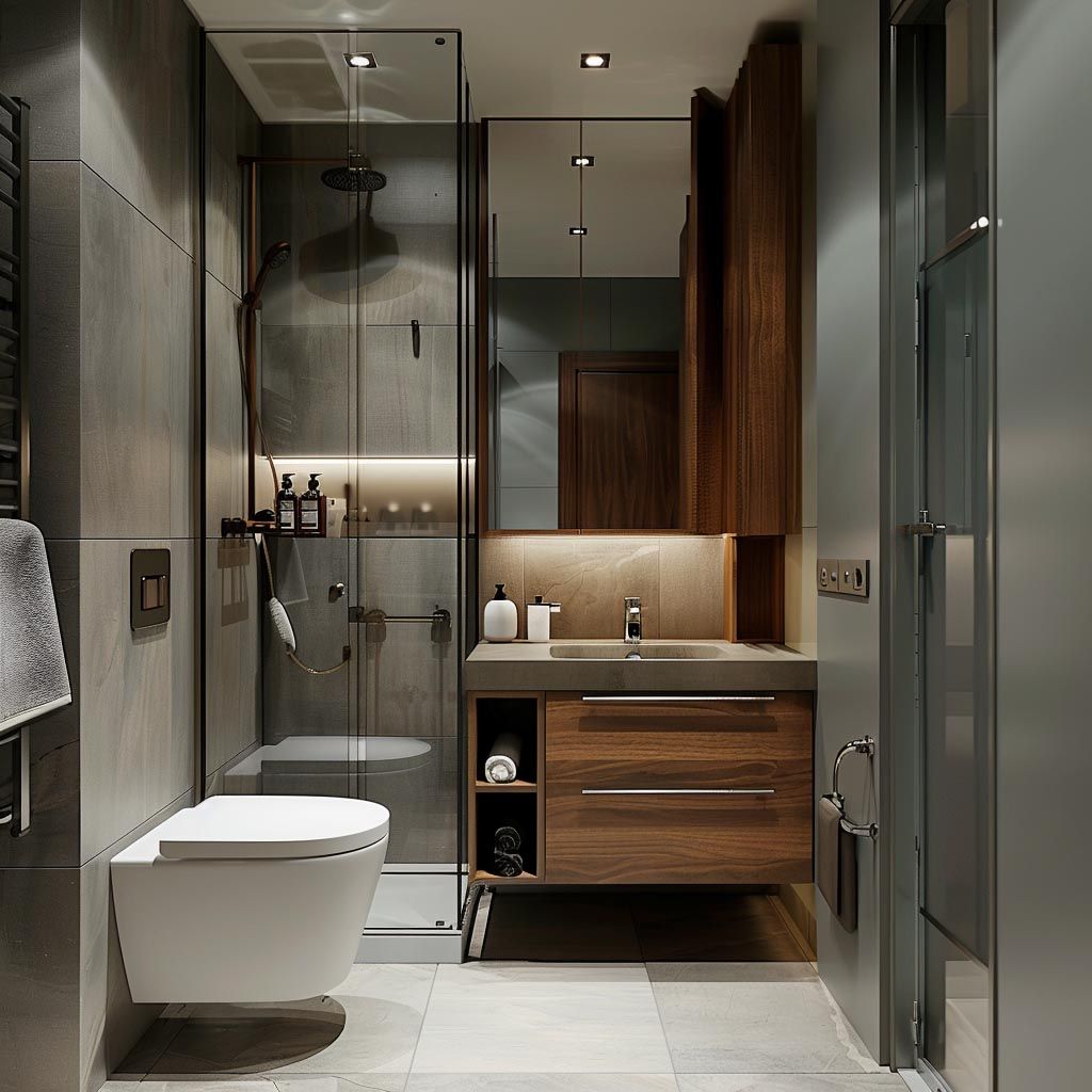Modern Bathroom Design: Grey Tiles & Glass Partition | Livspace
