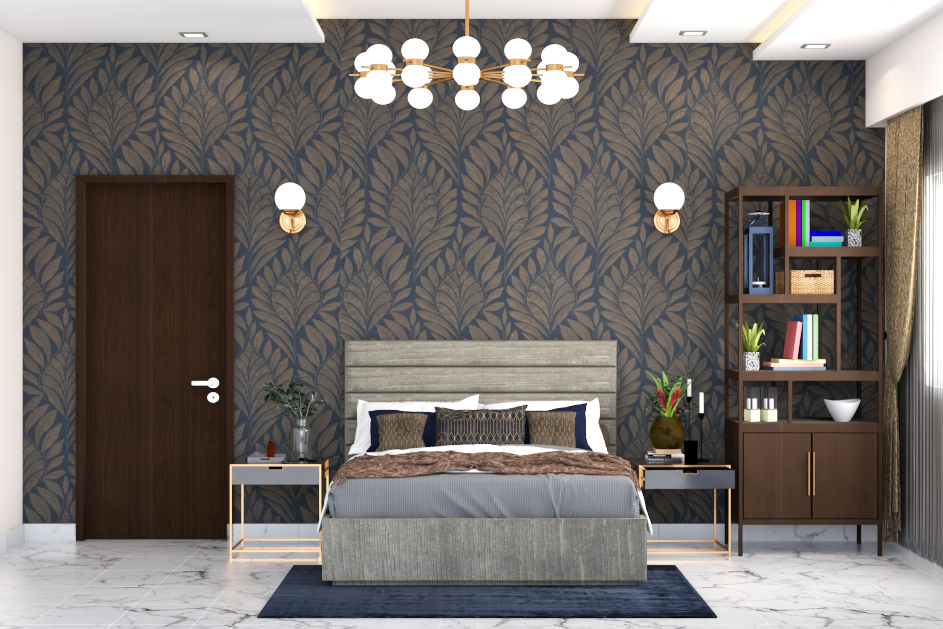 Contemporary Master Bedroom Design With Textured Wallpaper | Livspace