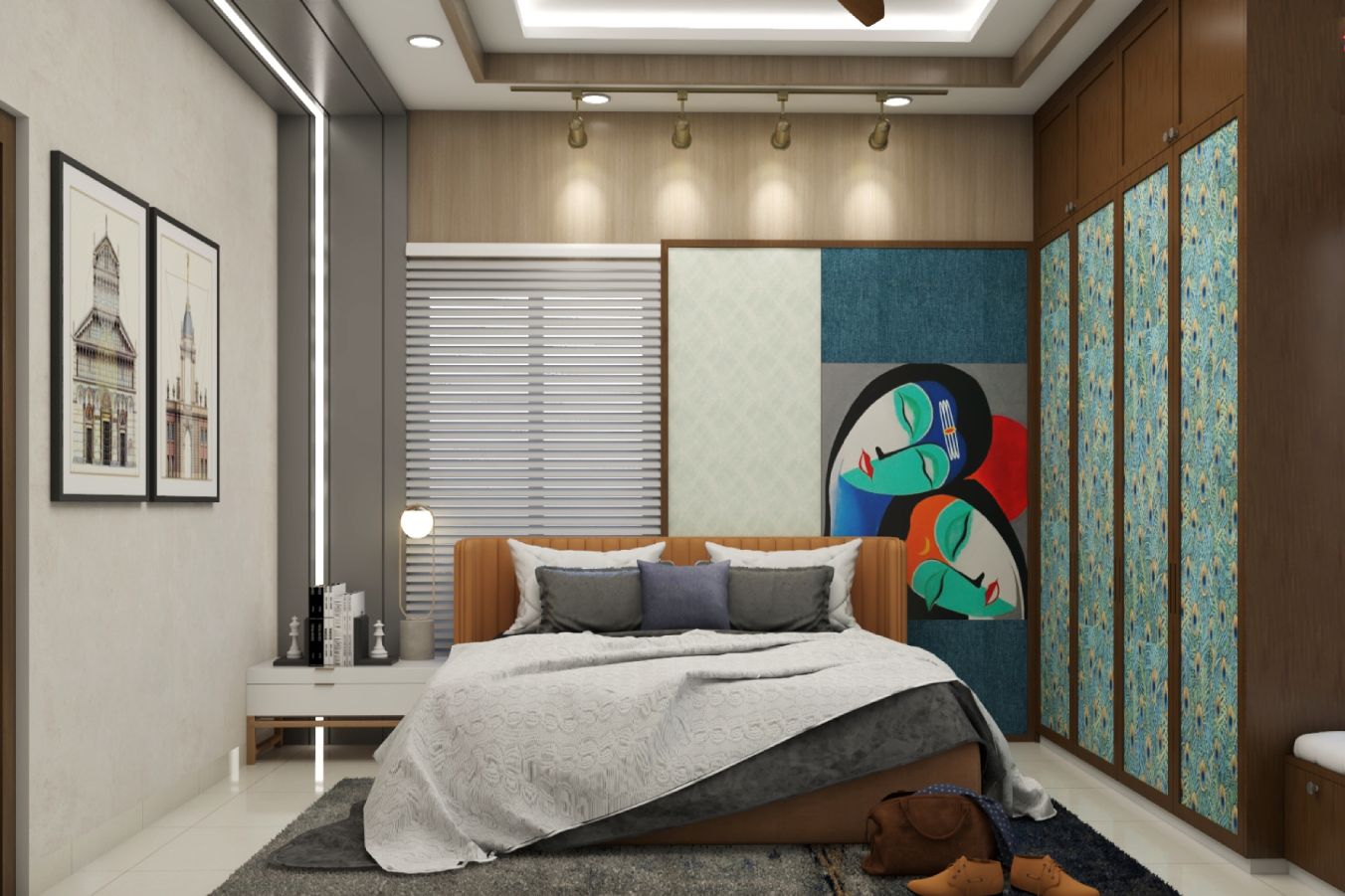 Spacious Guest Room Design With Patterned Wardrobe Shutters | Livspace