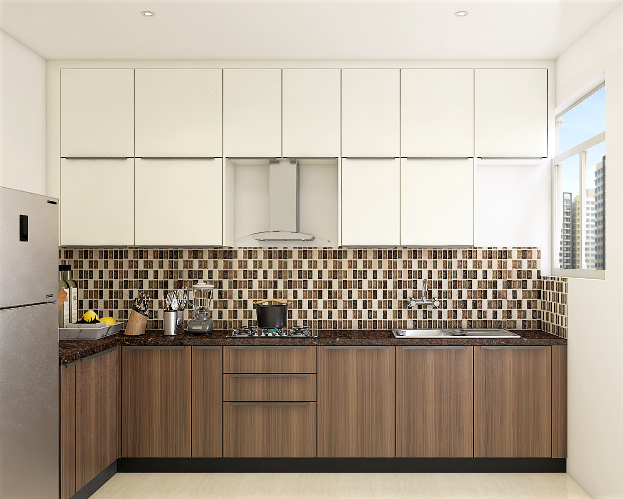 Convenient L-Shaped Modern Themed Compact Kitchen Design | Livspace