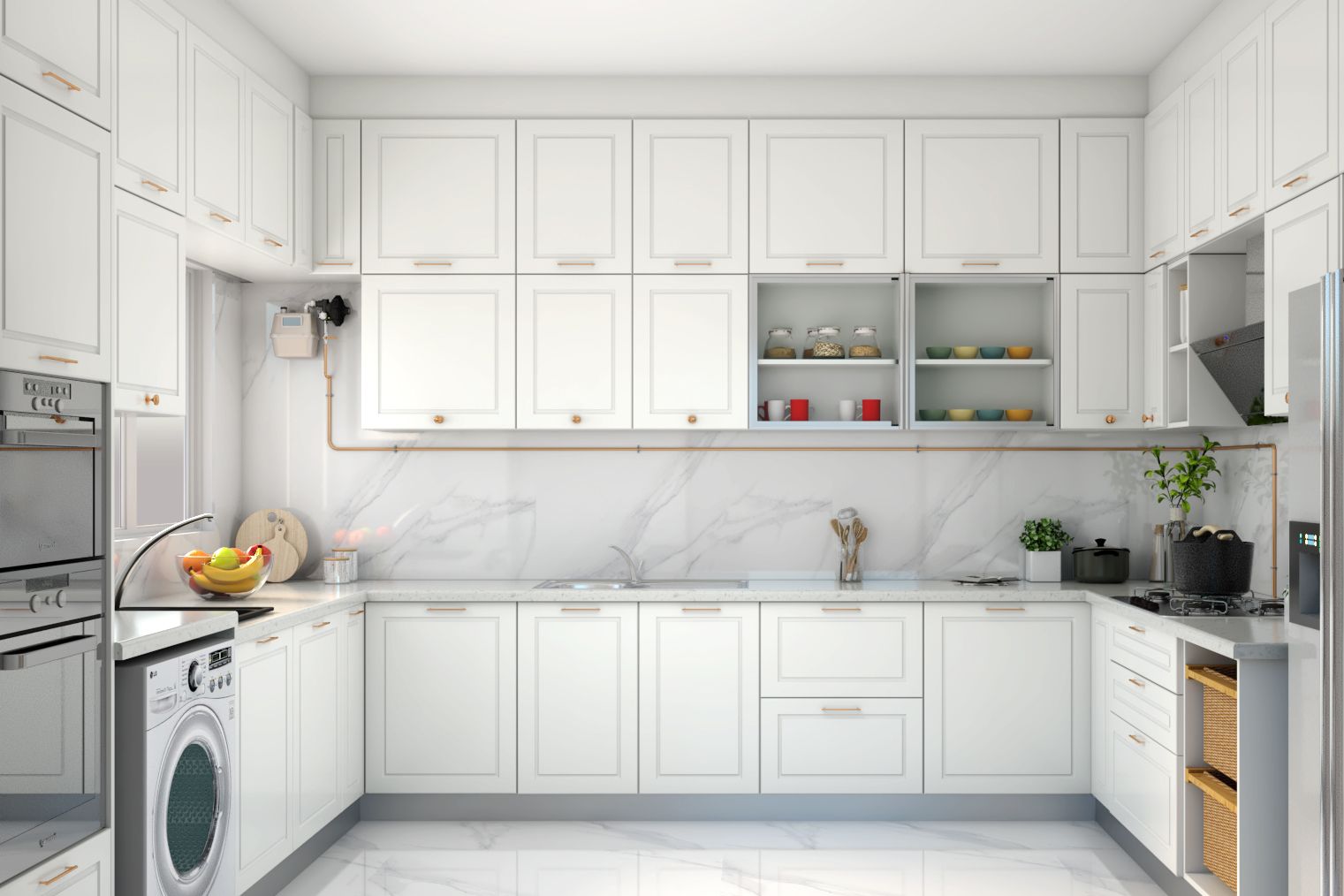 All White-Themed Kitchen Design With Marble Finish | Livspace