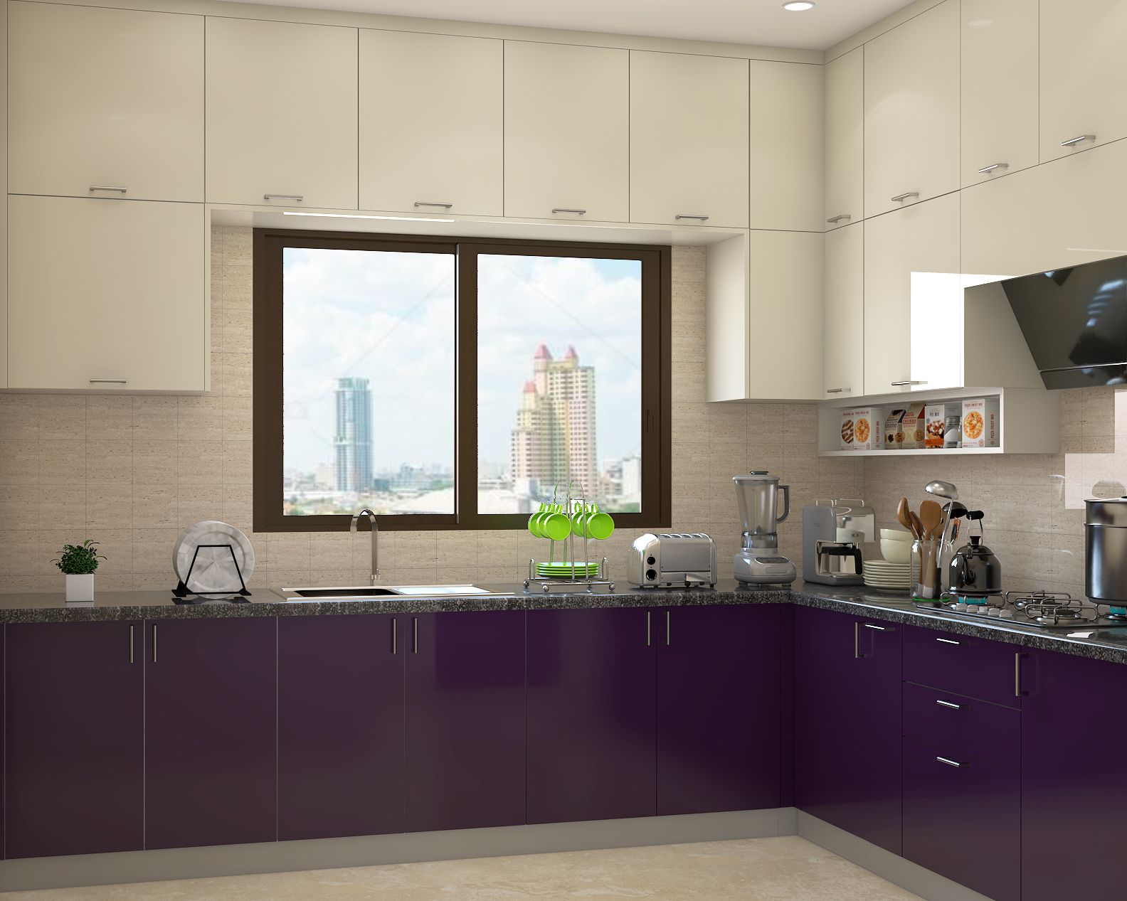 White-Violet Toned Convenient Modern Style Kitchen Design | Livspace