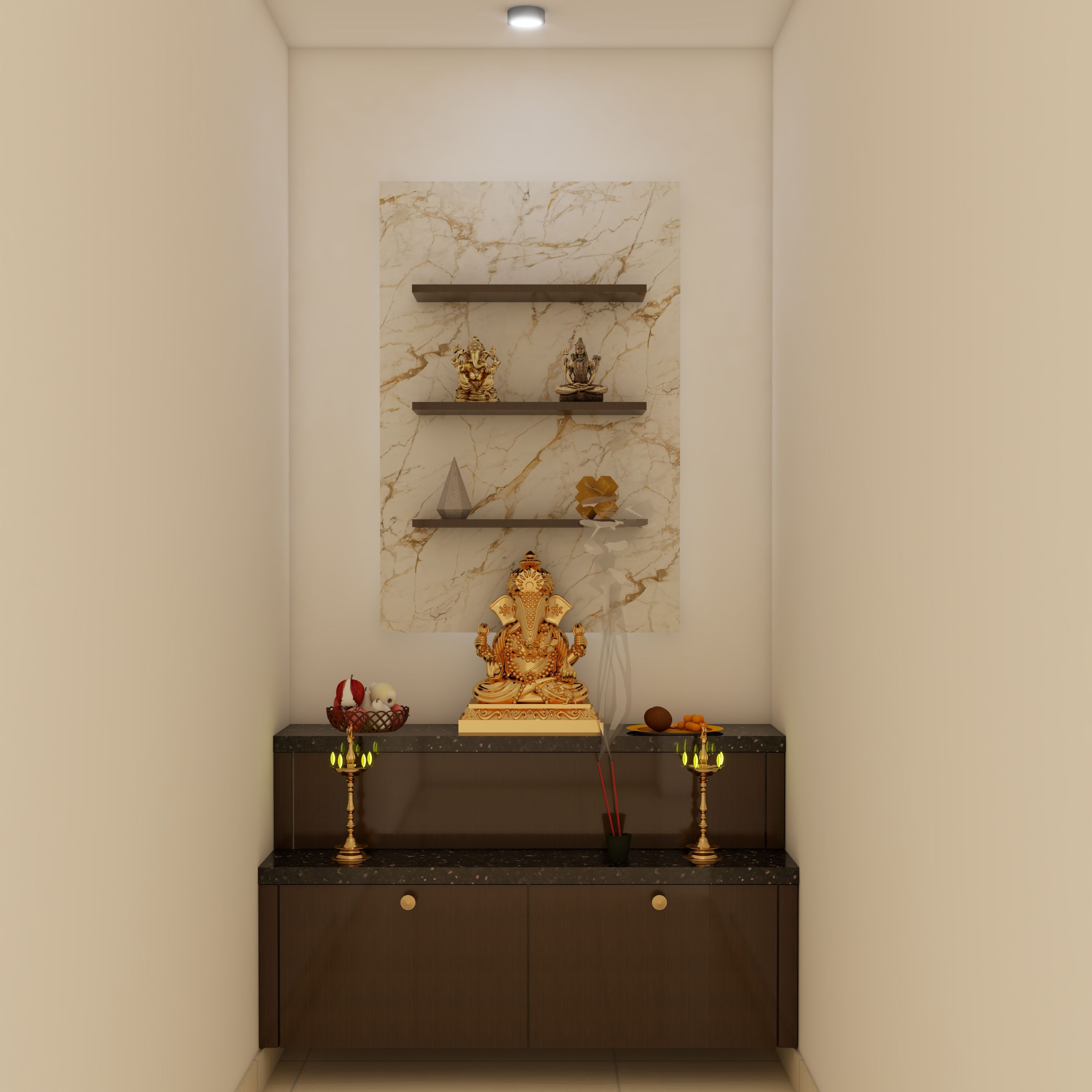 Compact Pooja Room Design With Beige Contemporary Decor | Livspace