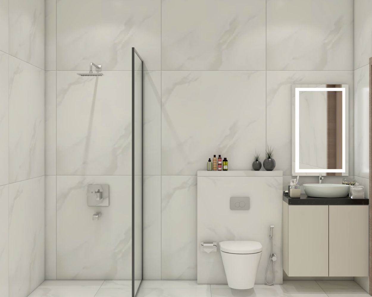 Spacious White Marble-Tiled Bathroom Design - 8X6 Ft | Livspace