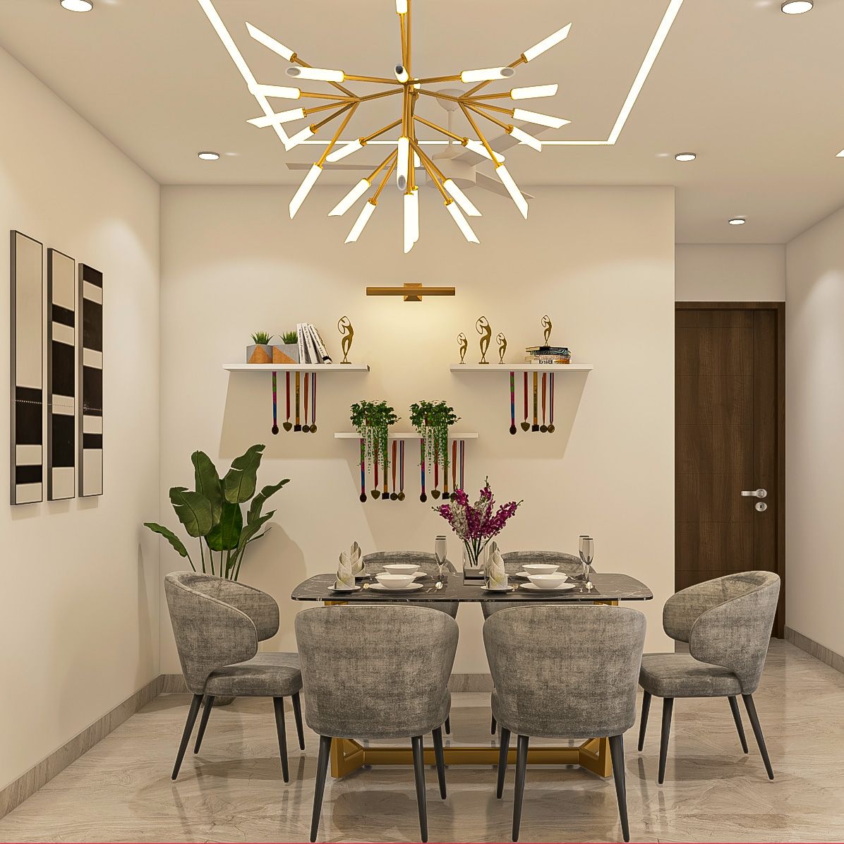 Spacious Dining Room Design With Wall Shelves | Livspace