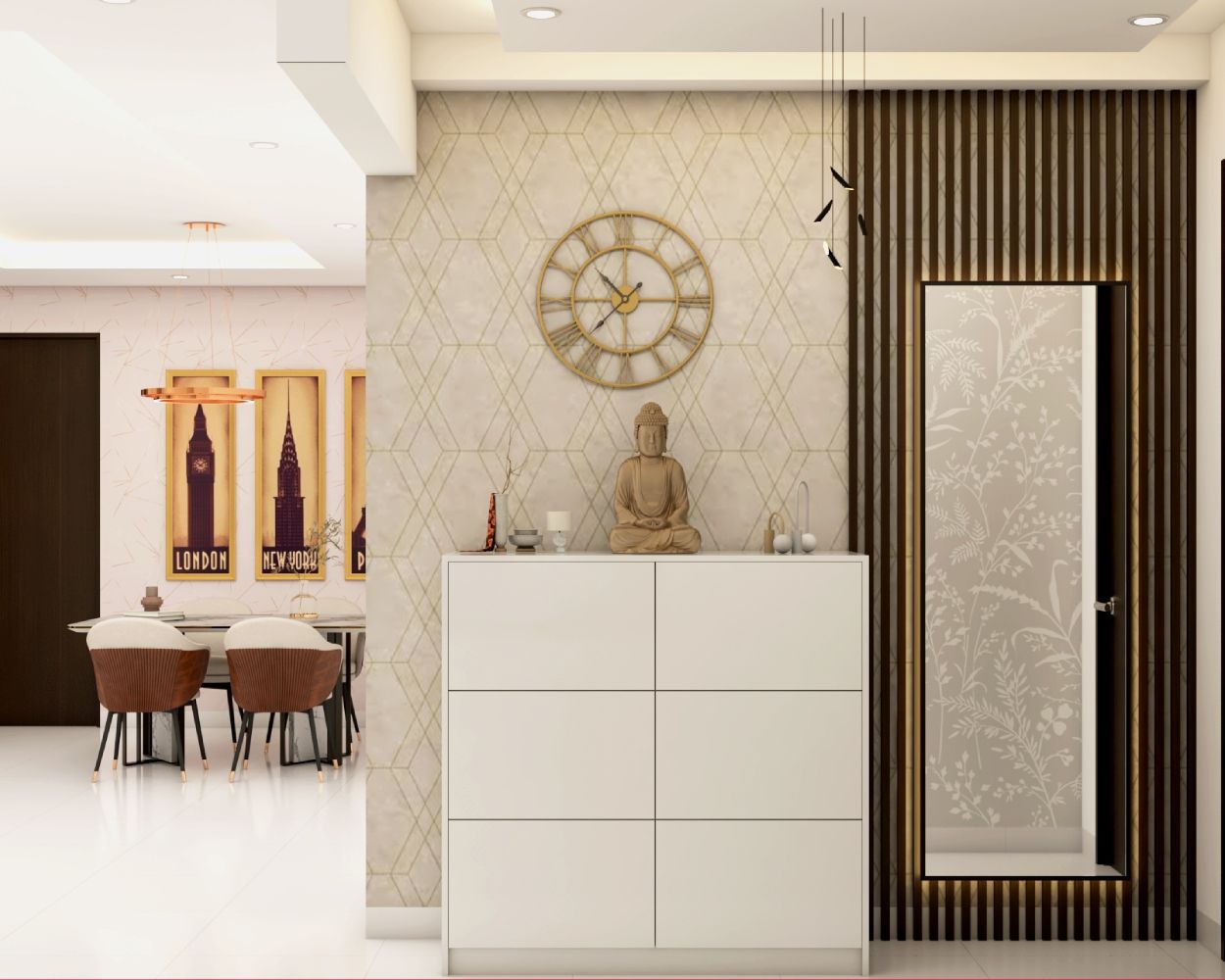 Modern Foyer Design With Wooden Vertical Wall Planks | Livspace