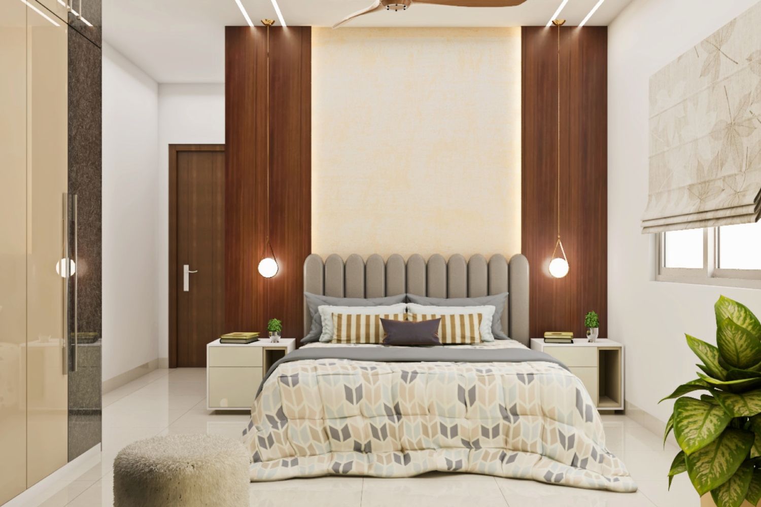 Guest Bedroom Design With Wooden Wall Panelling And A Beige Wallpaper ...
