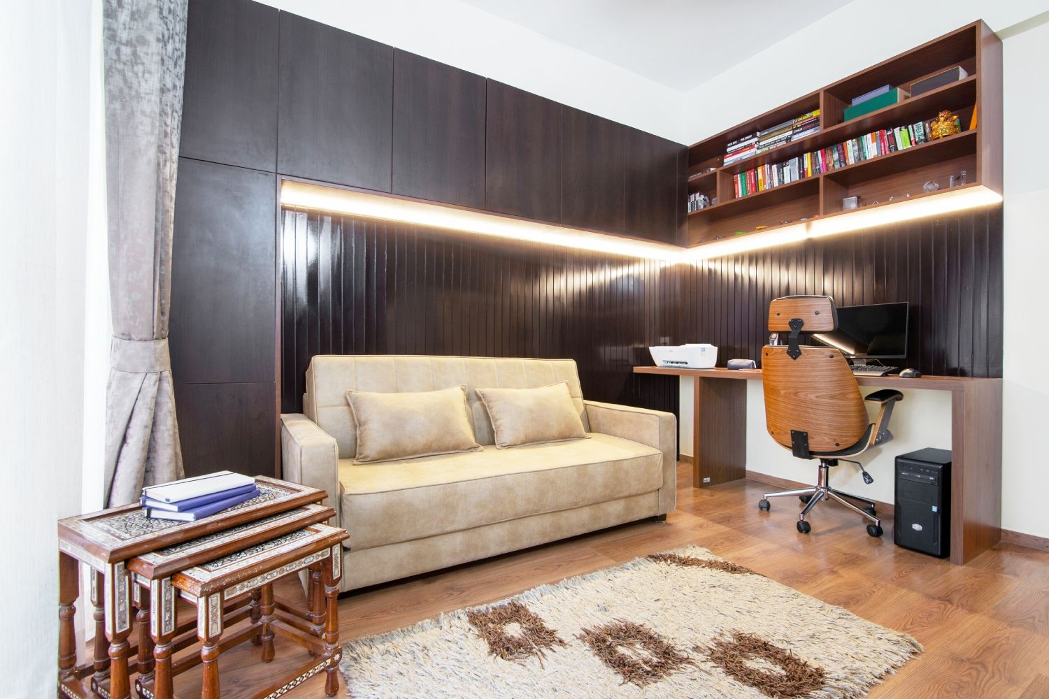 Spacious Dark Brown Home Office Design With Beige Seater - 10X10 Ft ...