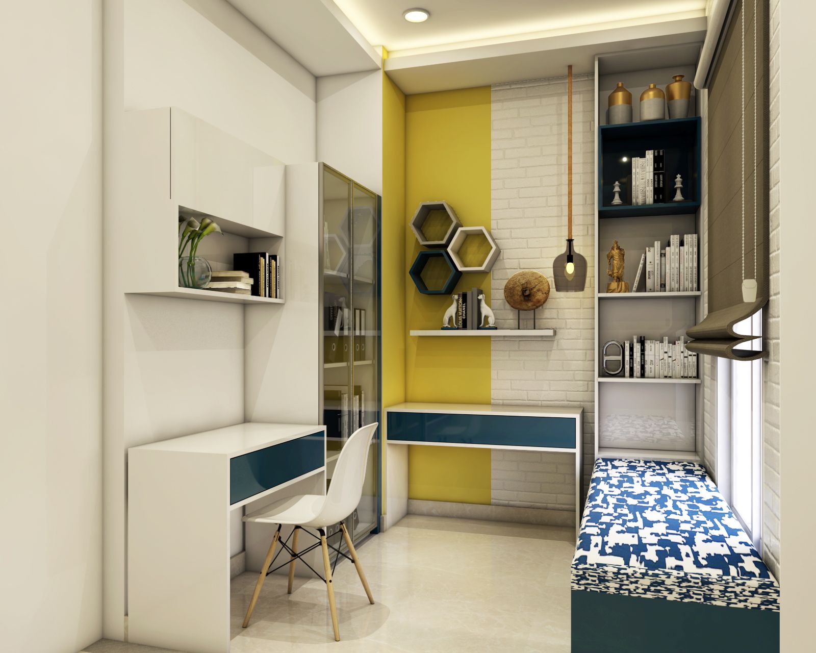 Spacious Shore Blue And Frosty White Study Room Design With High-Gloss ...