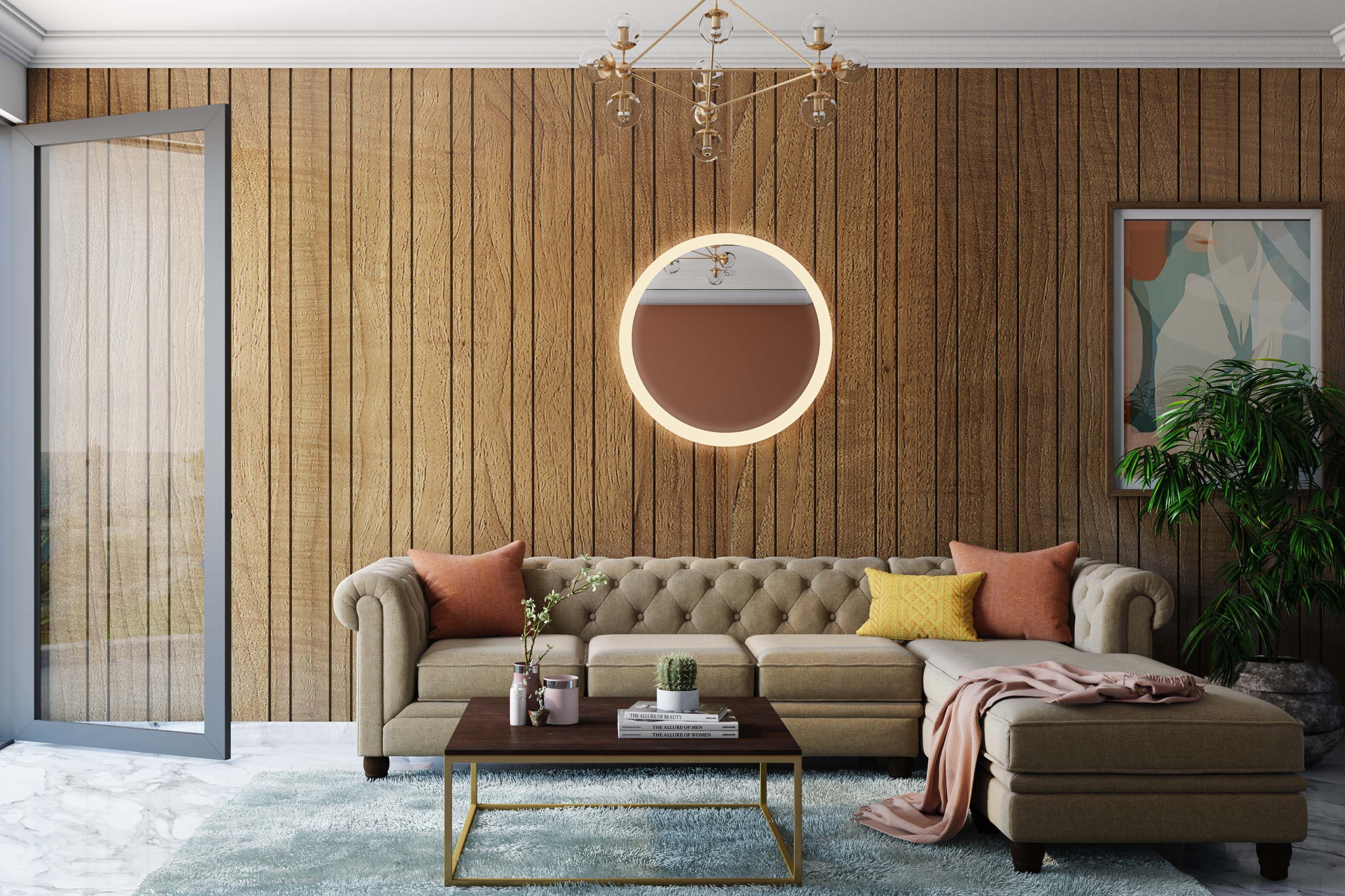 Brown Wall Design With Wooden Panelling | Livspace