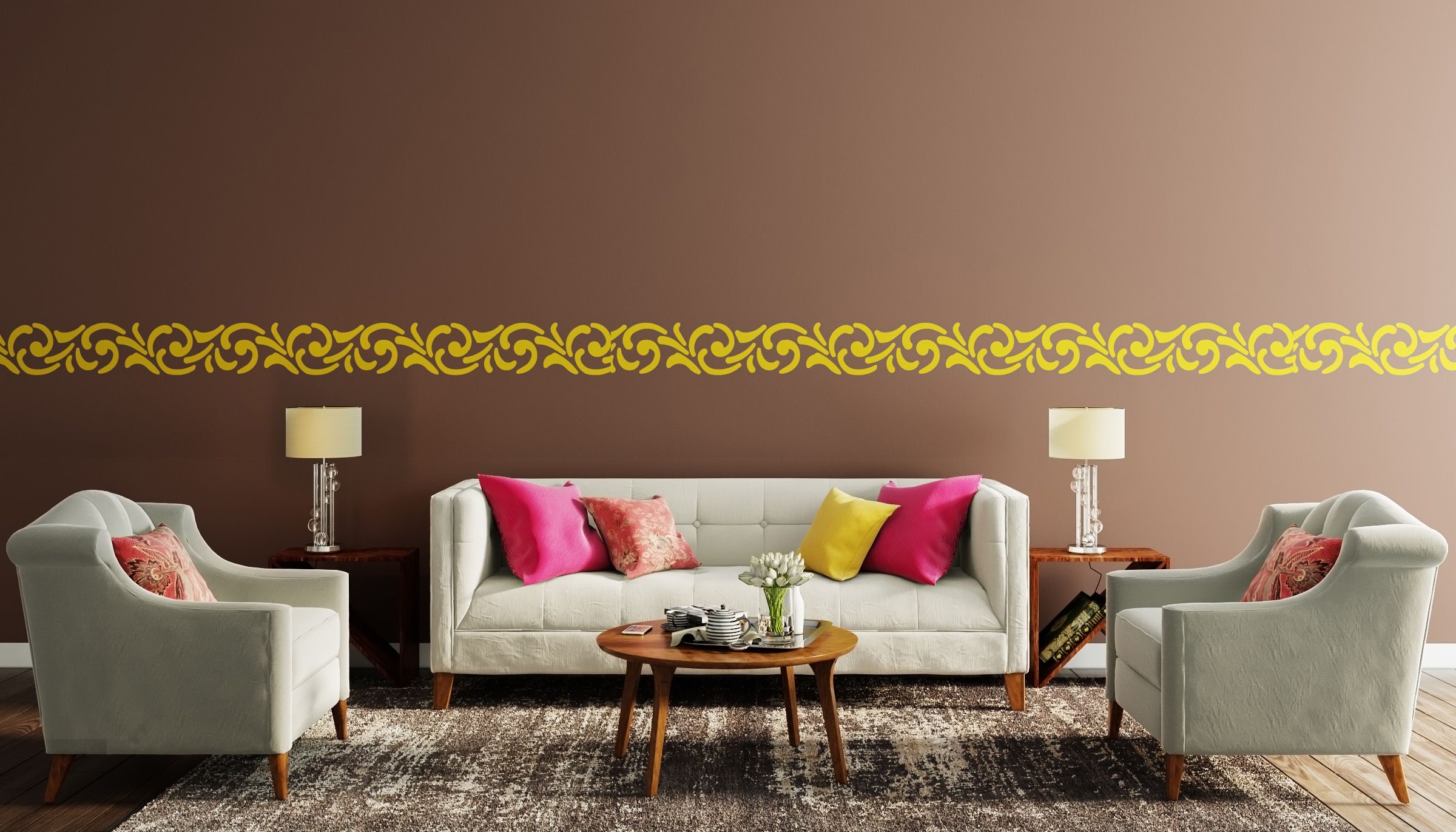 Living Room Wall Design With Brown Paint And Stencils | Livspace
