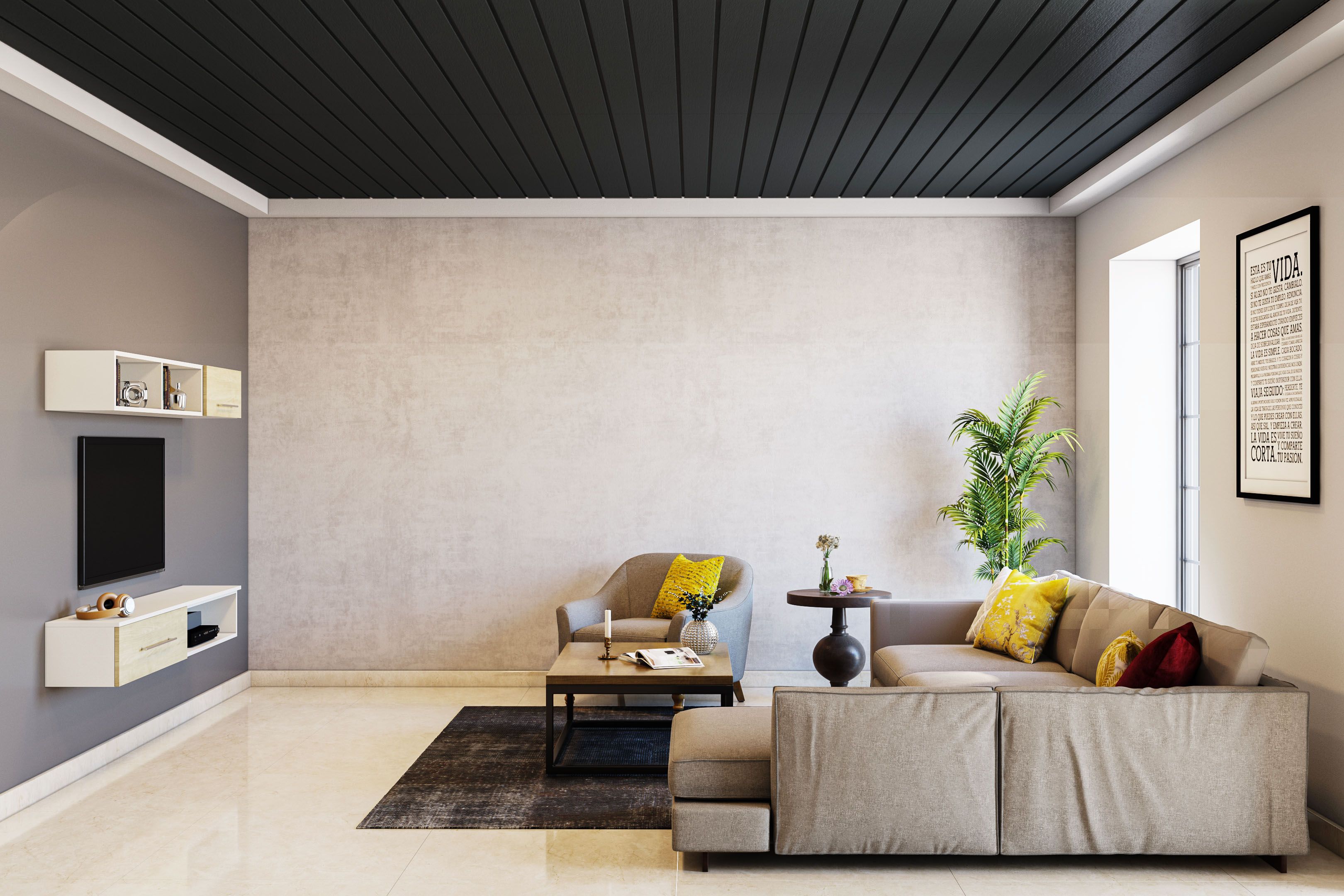 Grey And Textured Beige Wall Paint Design For Living Rooms | Livspace