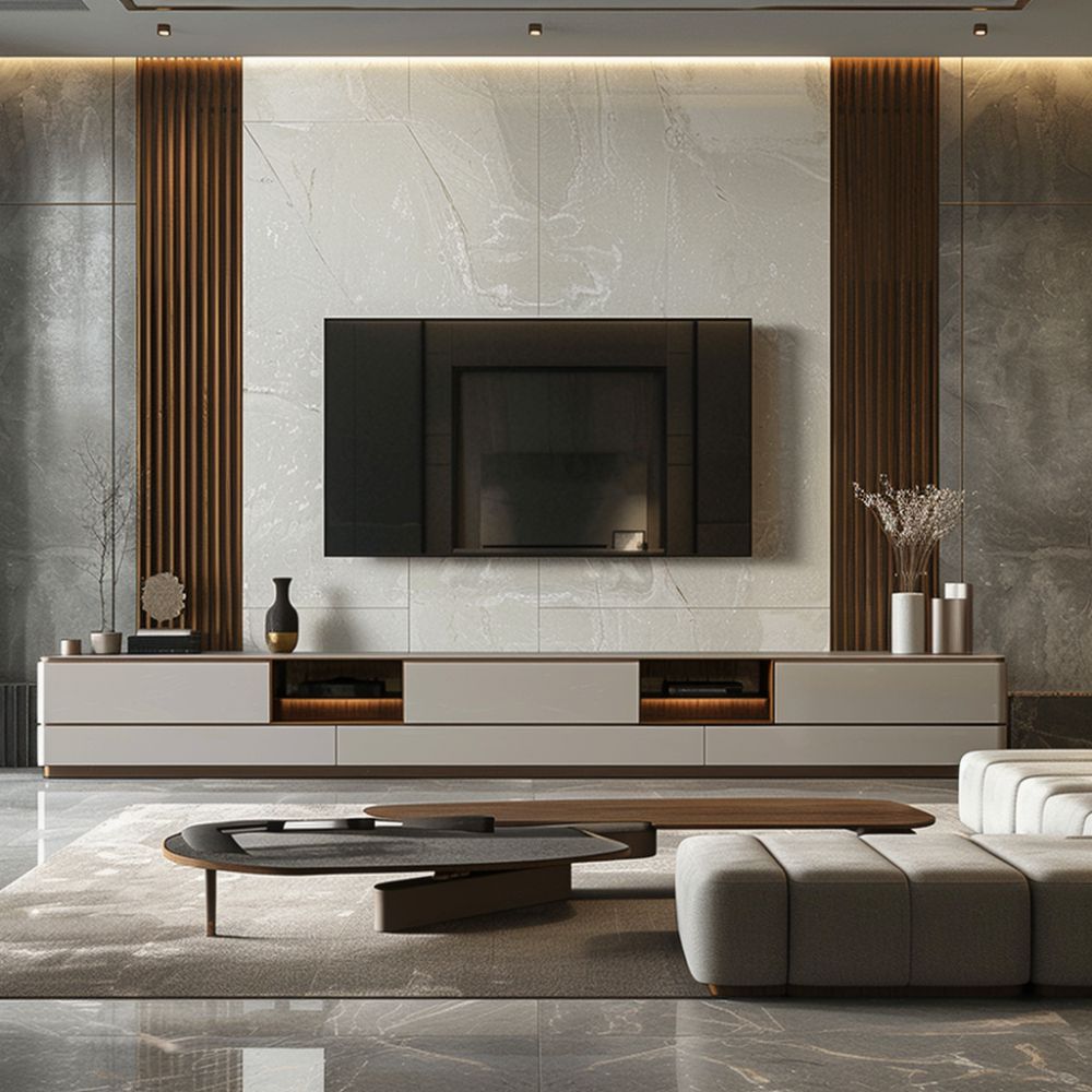 Modern TV Unit Design: Wooden Fluted Panels & Marble Back Panel | Livspace