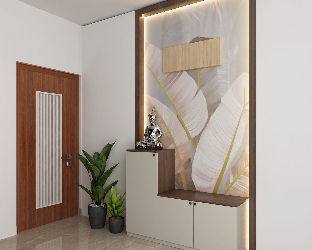 White And Wood Foyer Design With Leafy-Wallpaper Panel | Livspace