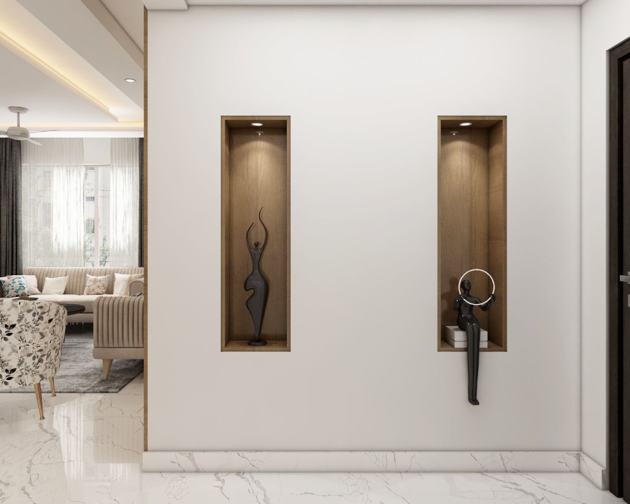Compact White And Wood Foyer Design With Wall Niches | Livspace