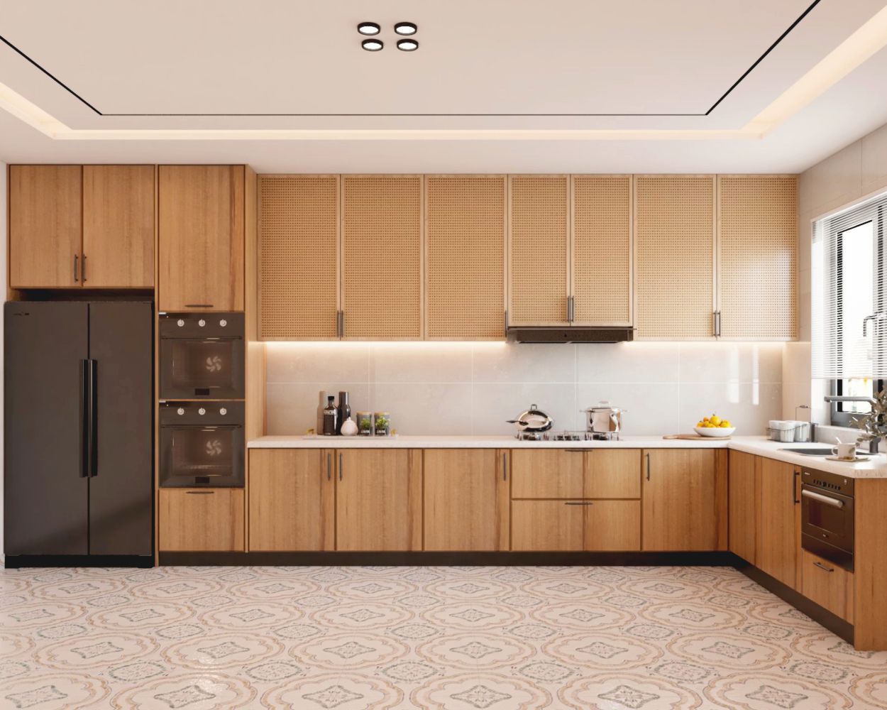 Spacious Wooden L-Shaped Kitchen Cabinet Design With Cream-Toned Backsplash | Livspace