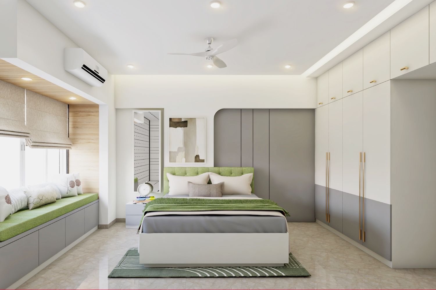 Spacious Bedroom Design With Green Bed And White-Grey 4-Door Swing Wardrobe | Livspace
