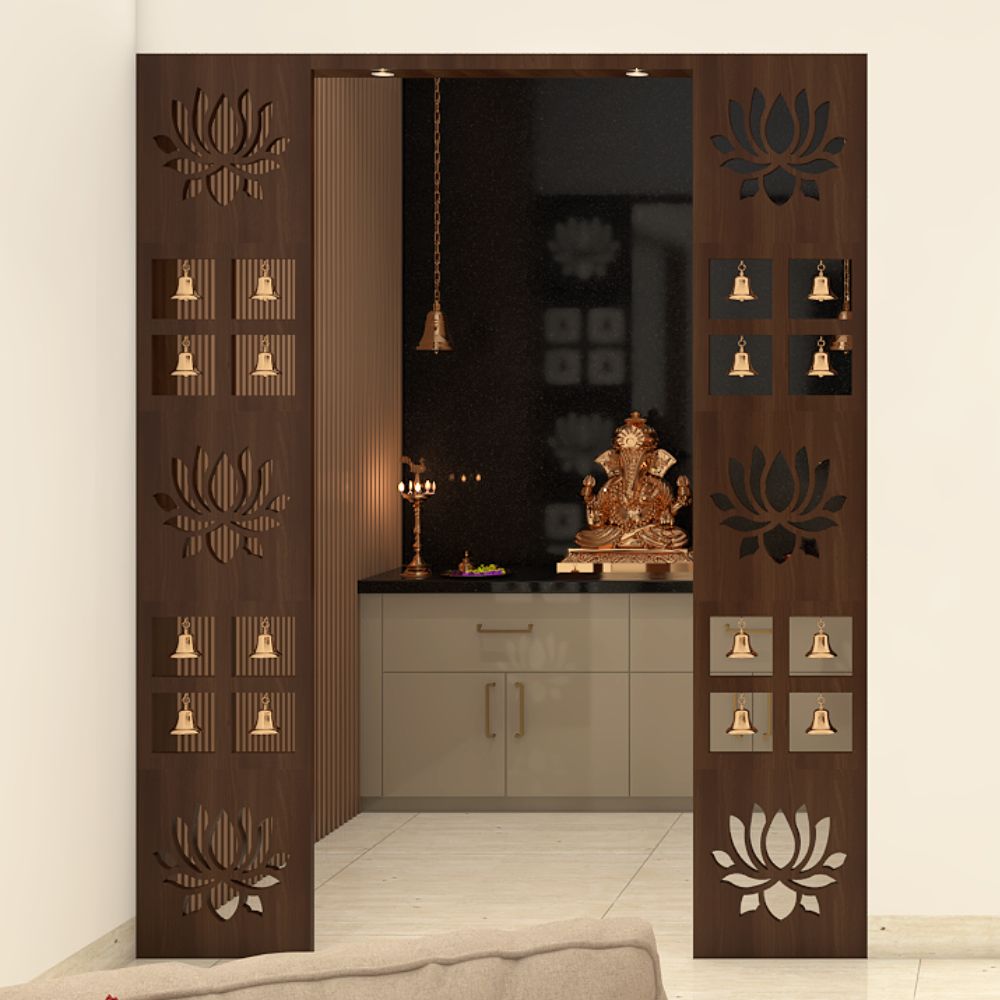 Spacious Grey And Black Pooja Room Design With Wooden Doors And Fluted ...