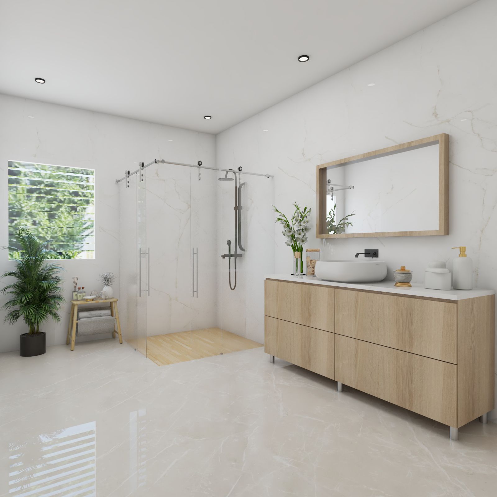 White Cream And Wood Spacious Bathroom Design With Rectangular Mirror | Livspace