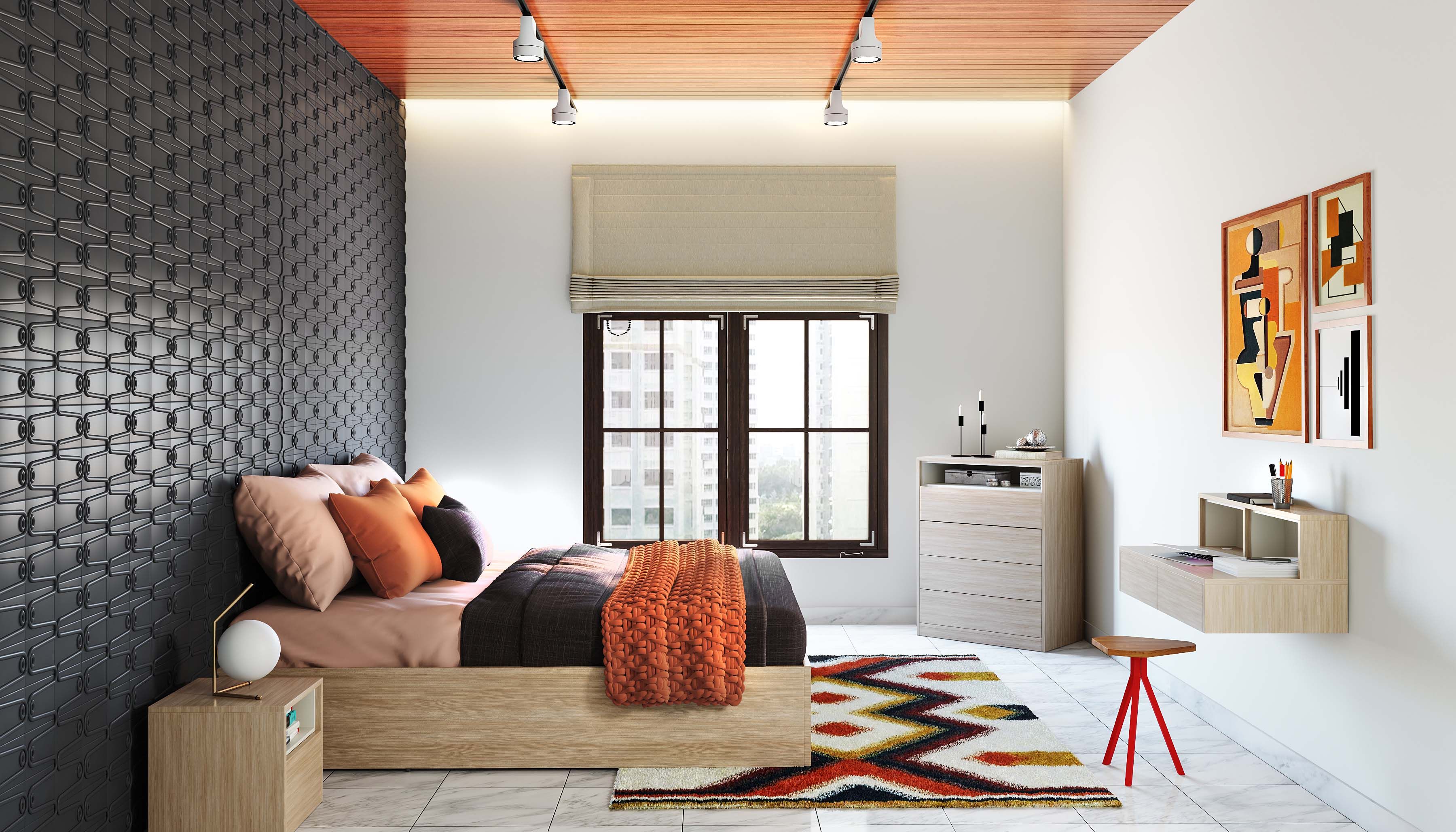 Contemporary Guest Bedroom Design: Queen Bed and Bold Wall | Livspace